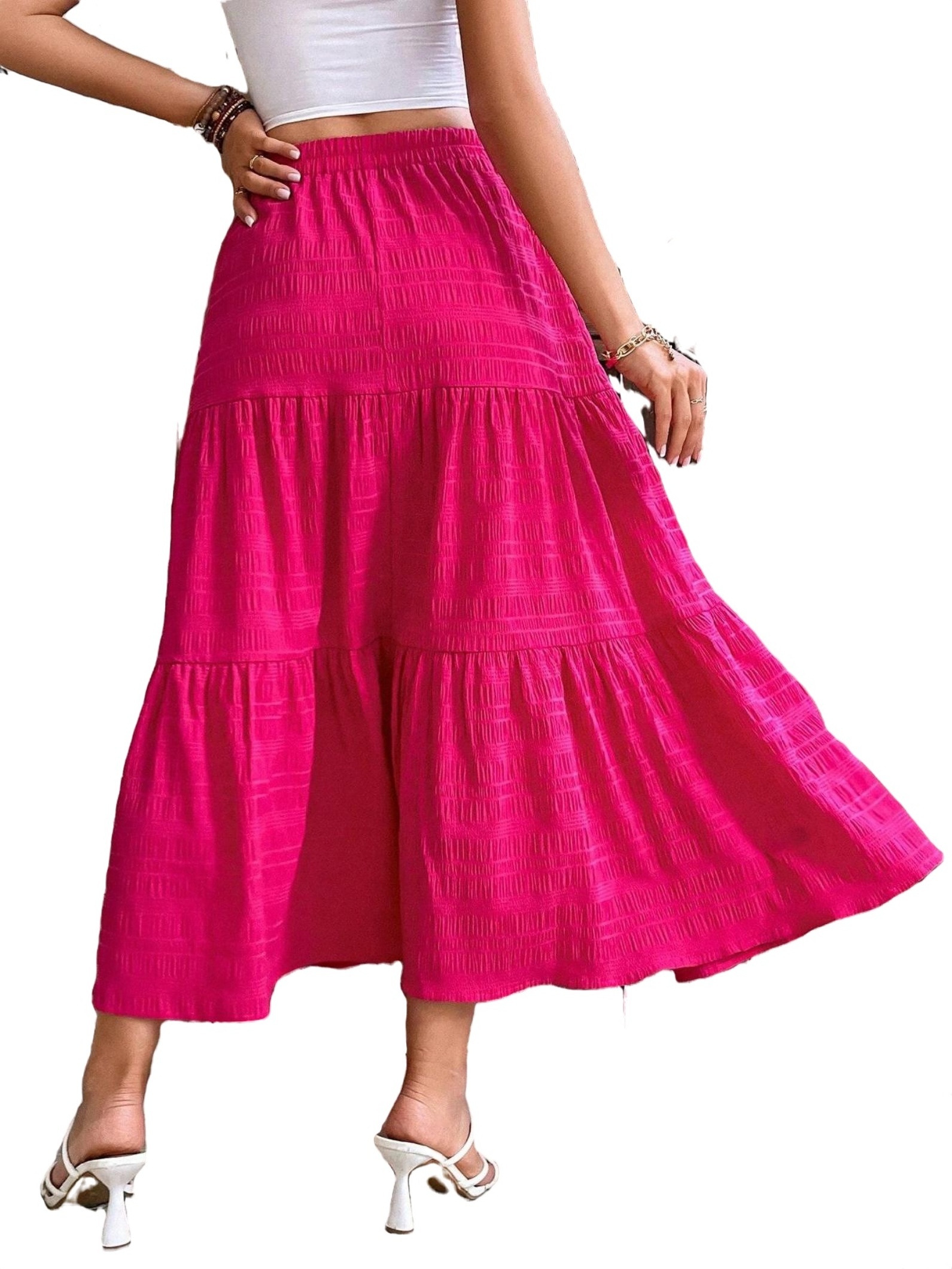 Casual Solid Layered/Tiered Hot Pink Women Skirts Without Belt ...