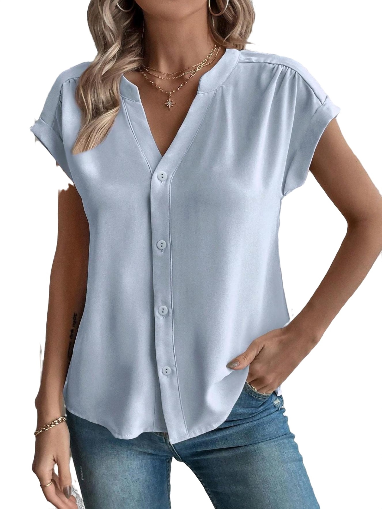 Casual Solid Notched Neck Top Short Sleeve Baby Blue Women Blouses ...