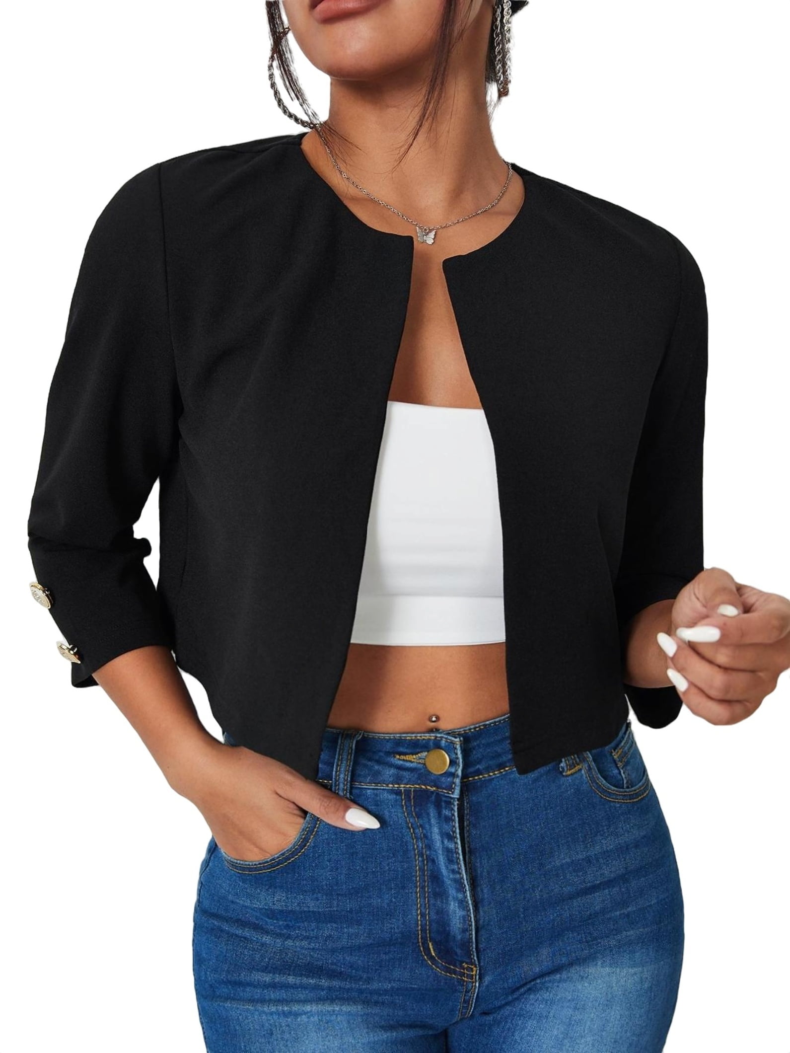 Casual Solid Open Front Jacket Black Women Jackets - Walmart.com