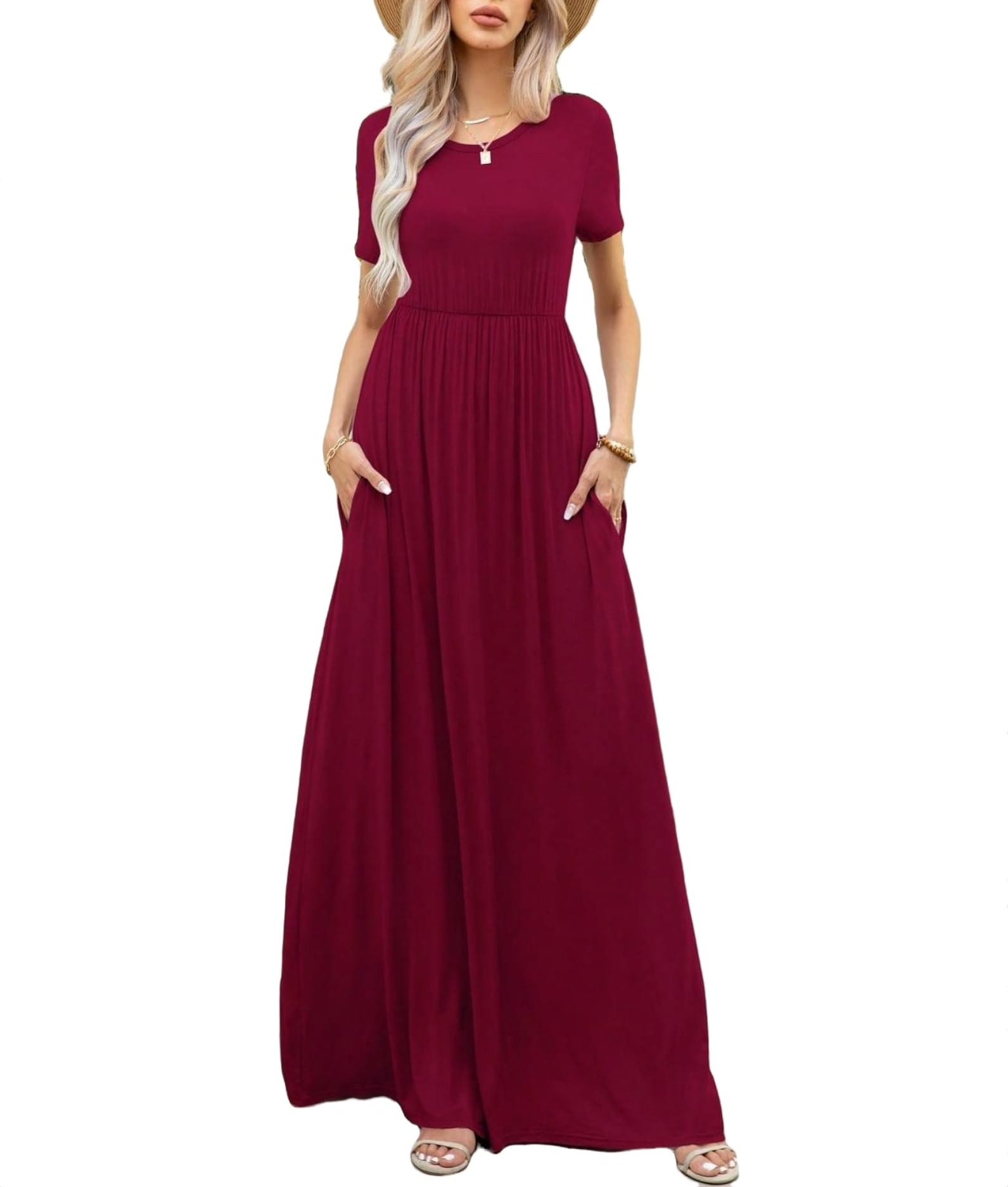 Casual Solid Round Neck A Line Short Sleeve Burgundy Women Dresses ...