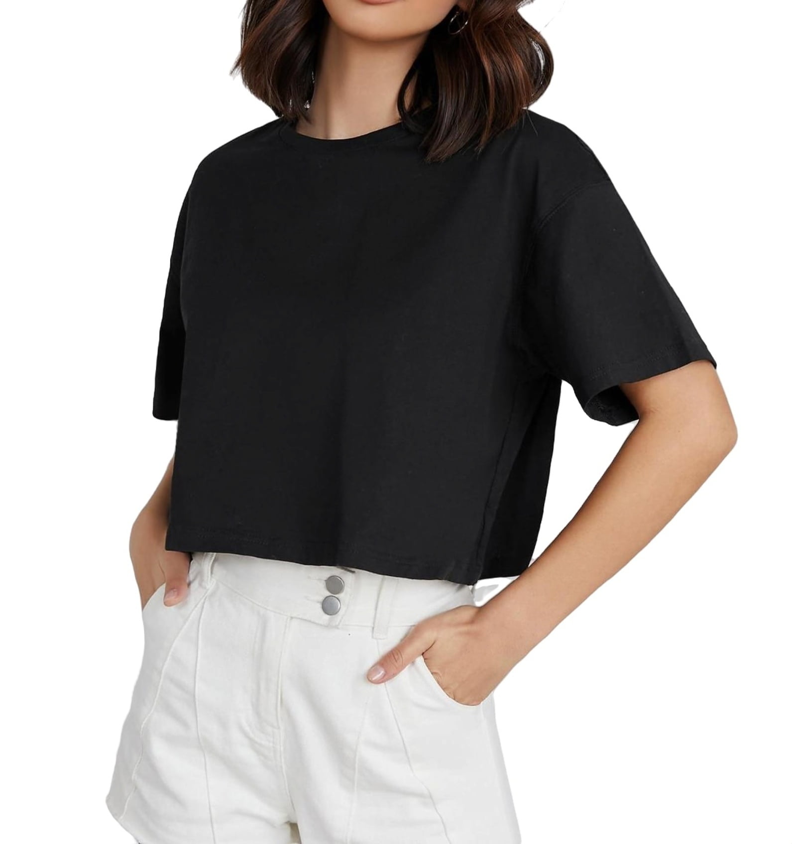 Casual Solid Round Neck Crop Tee Short Sleeve Black Colour Womens T-Shirts (Women's) - Walmart.com