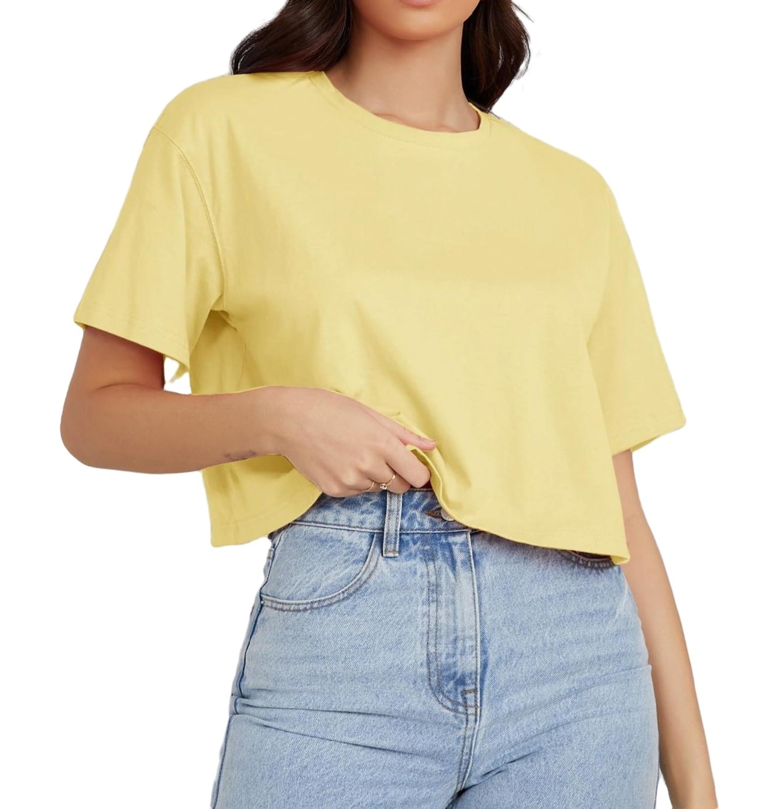 Casual Solid Round Neck Crop Tee Short Sleeve Yellow Women T-Shirts (Women's) - Walmart.com