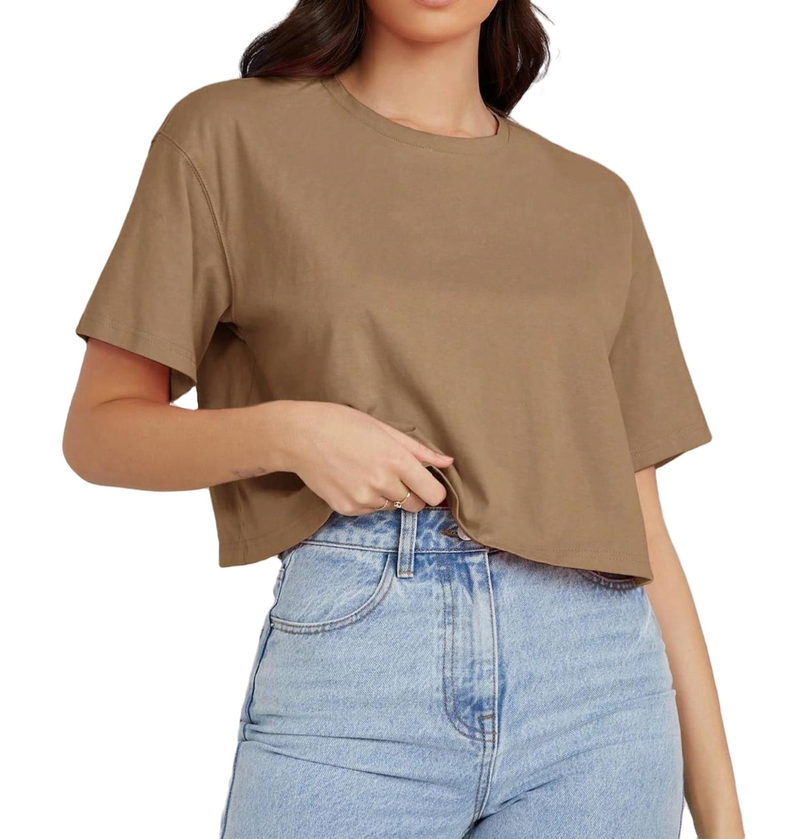 Casual Solid Round Neck Crop Tee Top Short Sleeve Mocha Brown Women T-Shirts (Women's) - Walmart.com