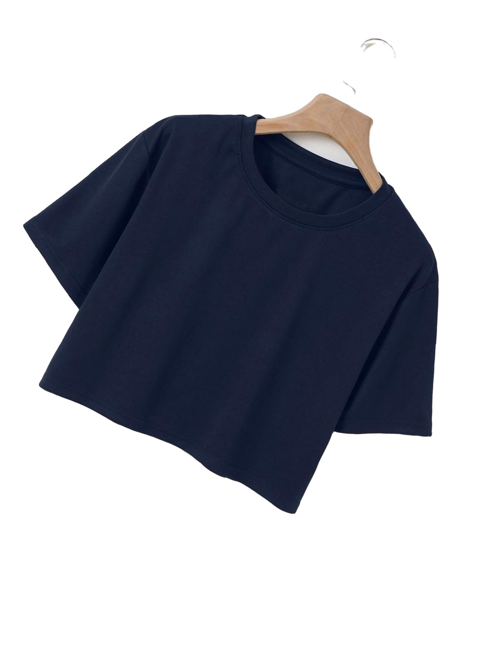 Casual Solid Round Neck Crop Tee Top Short Sleeve Navy Blue Women T-Shirts (Women's) - Walmart.com