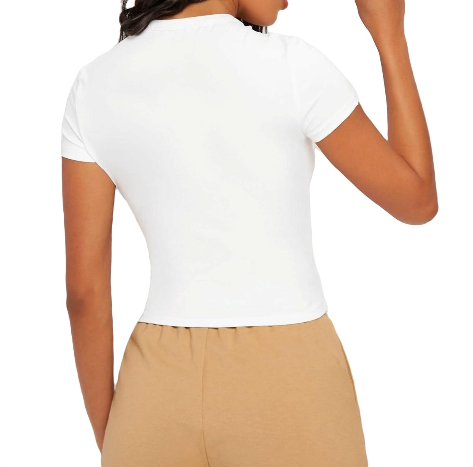 Casual Solid Round Neck Crop Tee Top Short Sleeve White Women T-Shirts ...