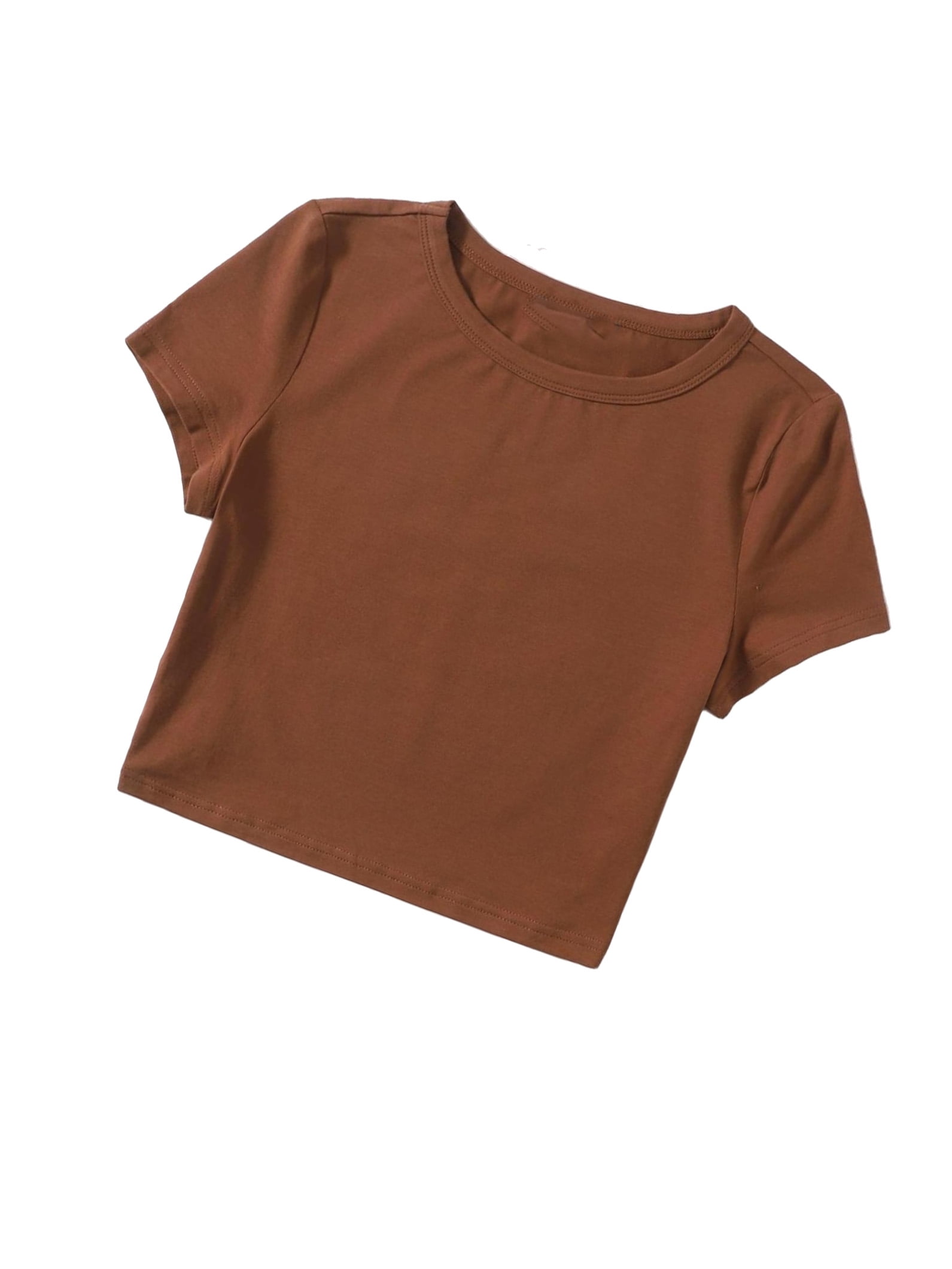 Casual Solid Round Neck Crop Tee Top Sleeveless Coffee Brown Women T-Shirts (Women's) - Walmart.com
