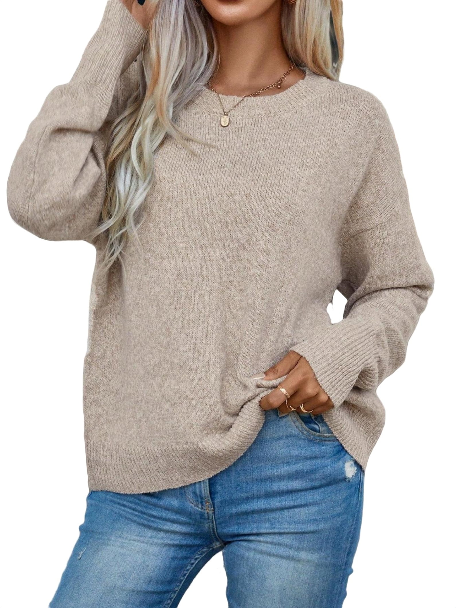 Casual Solid Round Neck Pullovers Long Sleeve Khaki Women Sweaters ...