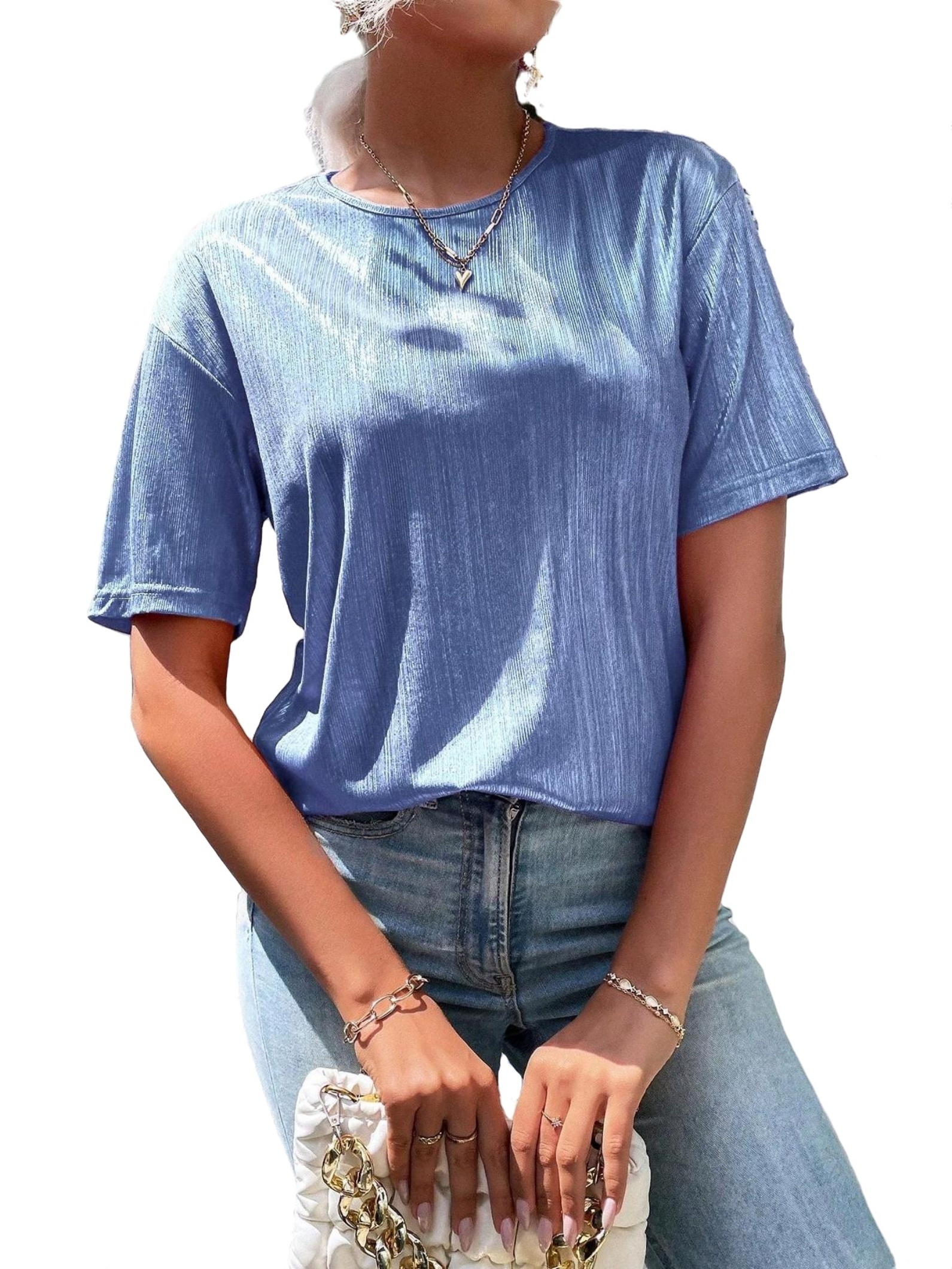 Casual Solid Round Neck Short Sleeve Blue Women T-Shirts (Women's ...