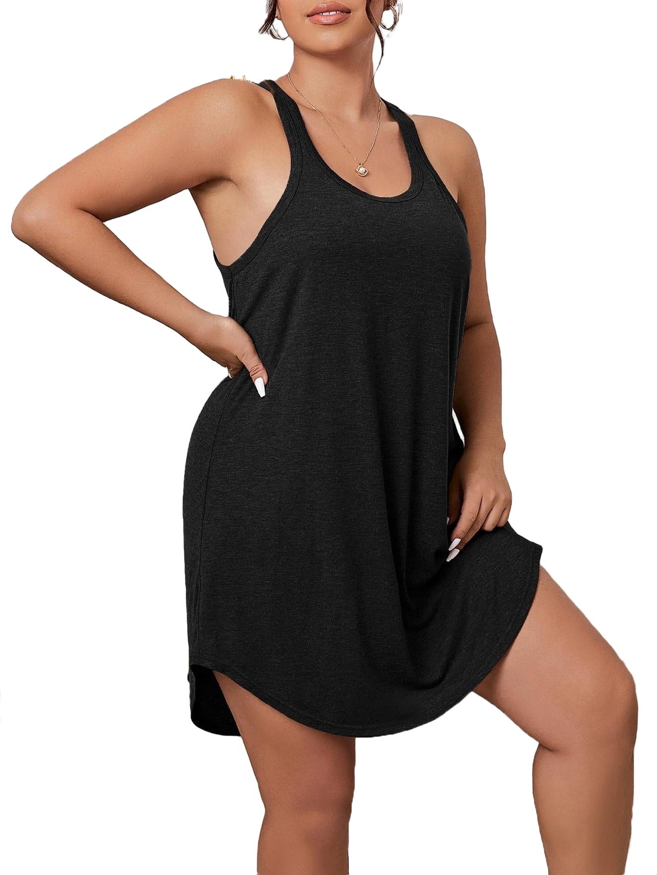 Casual Solid Round Neck Sleepshirts Sleeveless Black Plus Size ...