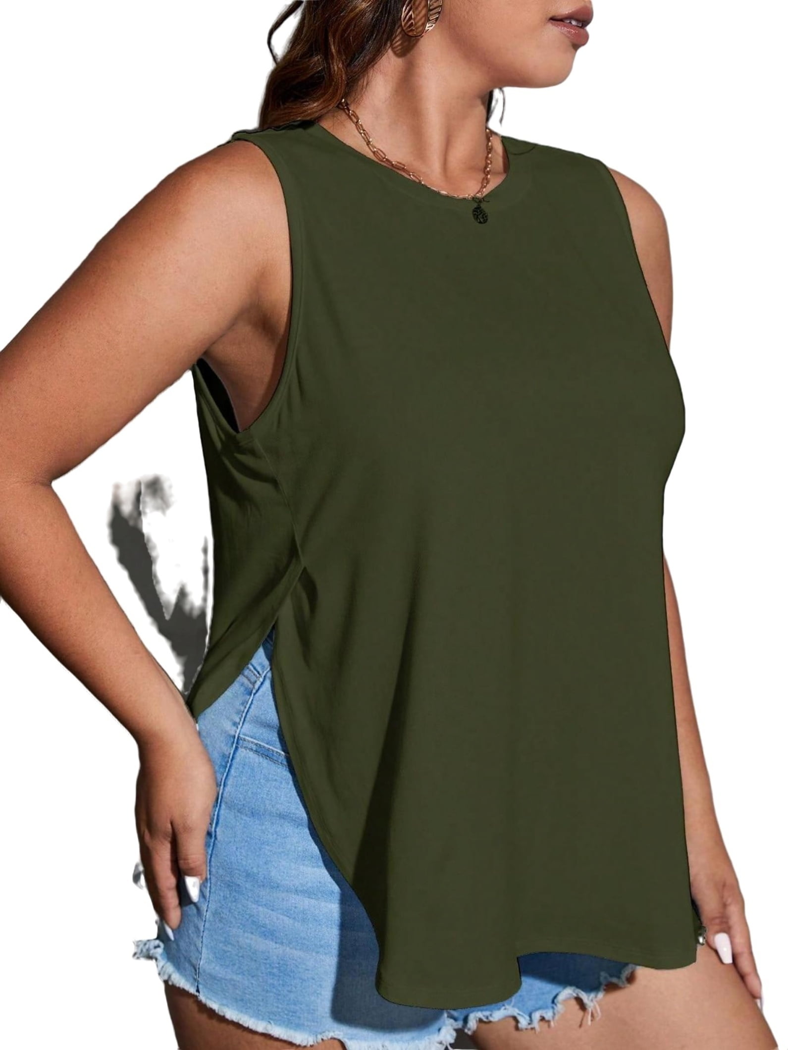 Casual Solid Round Neck Tank Army Green Plus Size Tank Tops & Camis ...