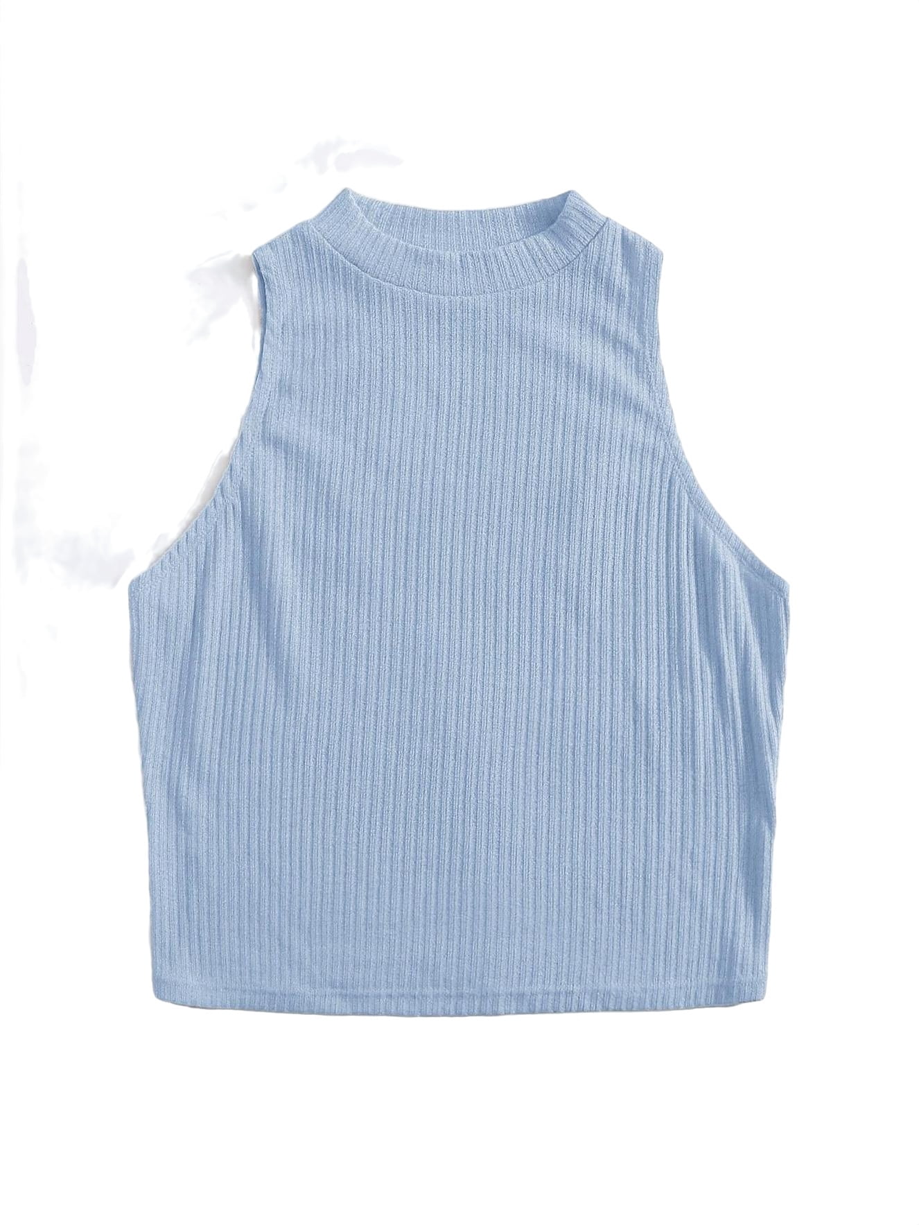 Casual Solid Round Neck Tank Baby Blue Plus Size Tank Tops & Camis ...