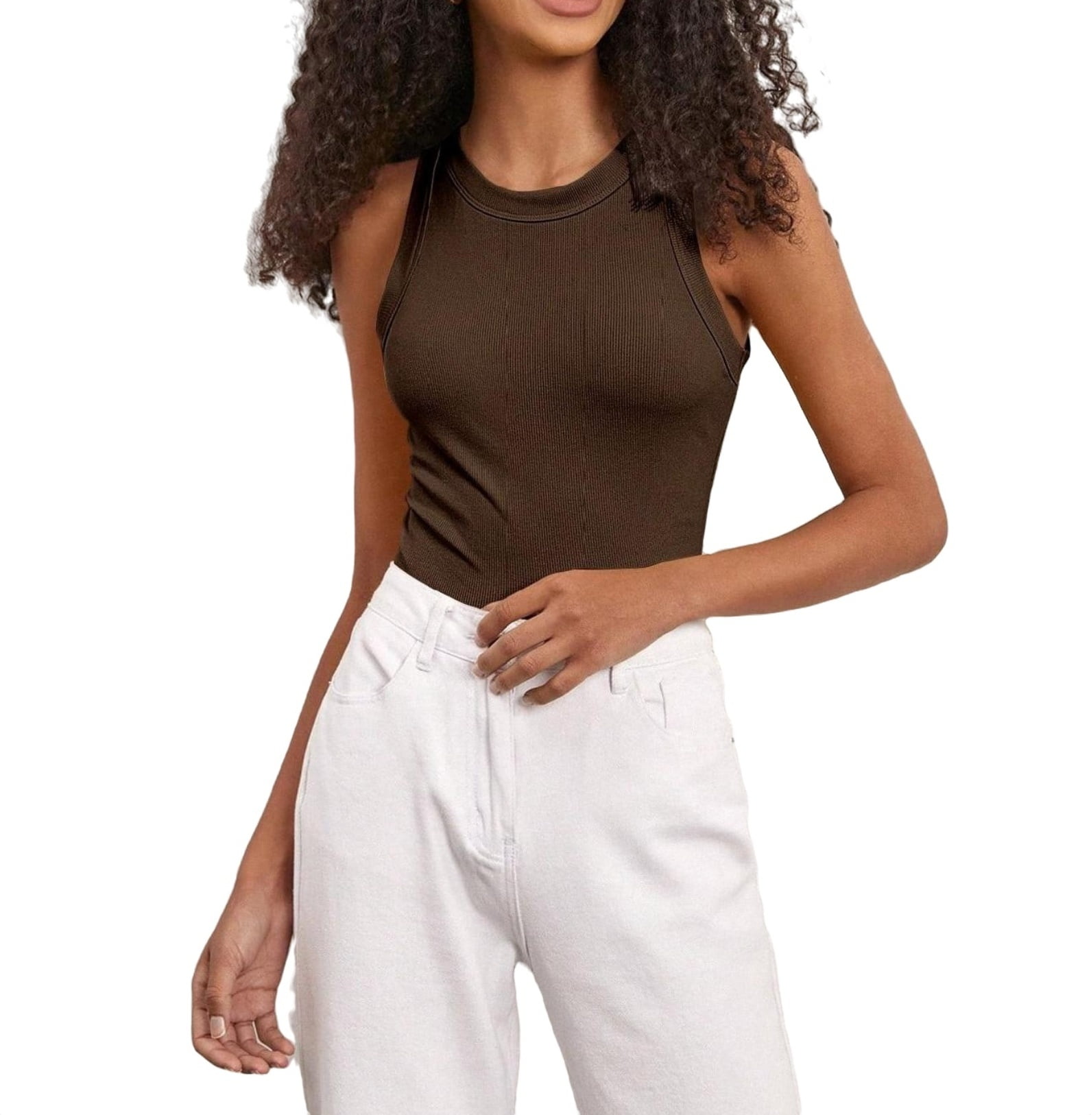 Casual Solid Round Neck Tank Chocolate Brown Women Tank Tops & Camis ...