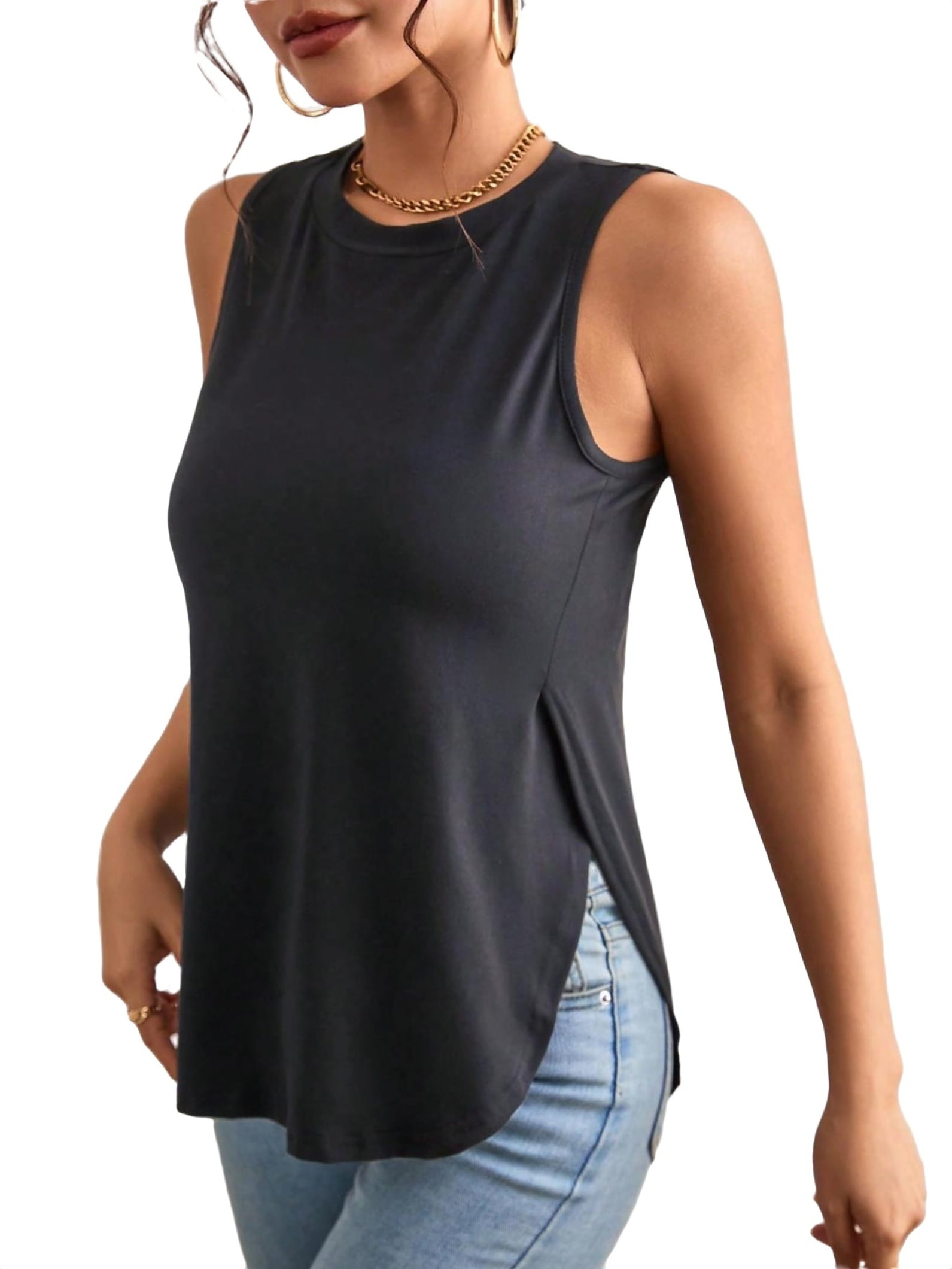 Casual Solid Round Neck Tank Dark Grey Women Tank Tops & Camis (Women's ...