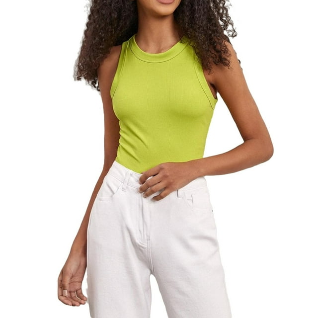 Casual Solid Round Neck Tank Lime Green Women Tank Tops & Camis (Women ...