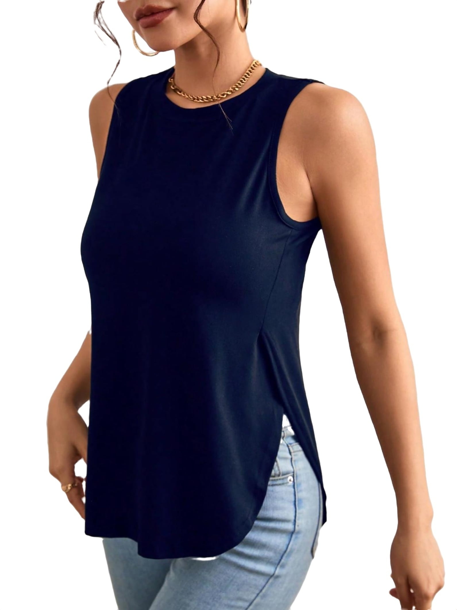 Casual Solid Round Neck Tank Navy Blue Women Tank Tops & Camis (Women's ...