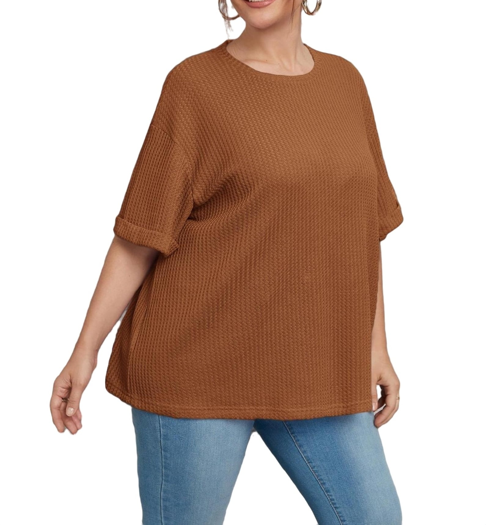 Casual Solid Round Neck Tee Elbow-Length Brown Plus Size T-shirts ...