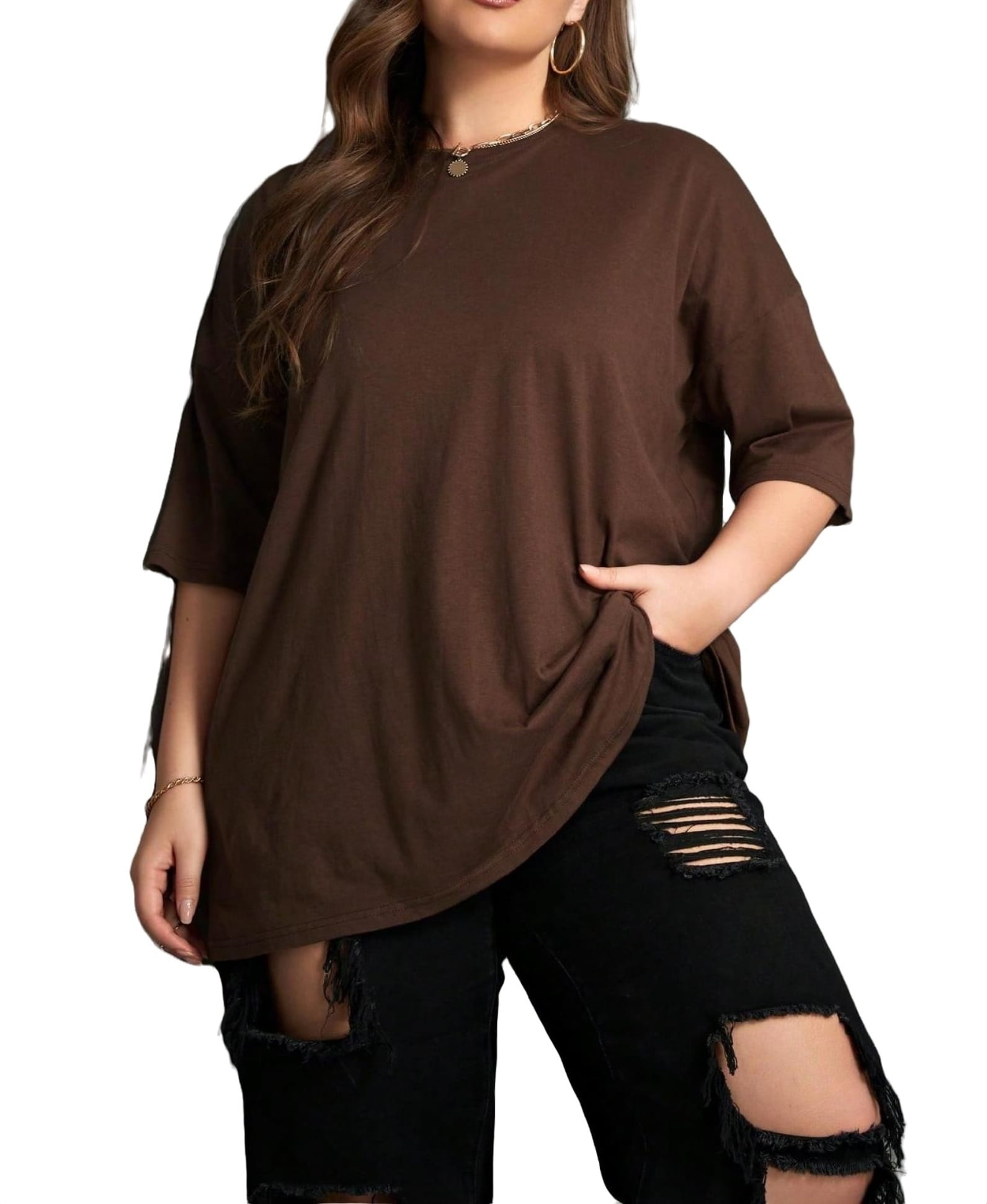 Casual Solid Round Neck Tee Elbow-Length Chocolate Brown Plus Size T-shirts (Women's Plus ...