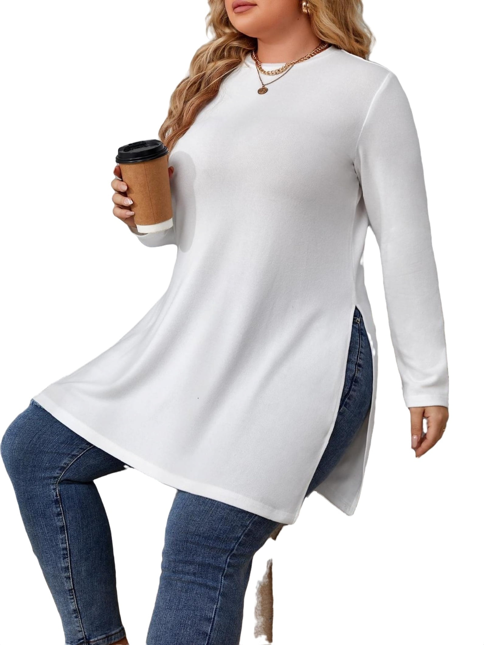 Casual Solid Round Neck Tee Long Sleeve White Plus Size T-shirts (Women's Plus) - Walmart.com