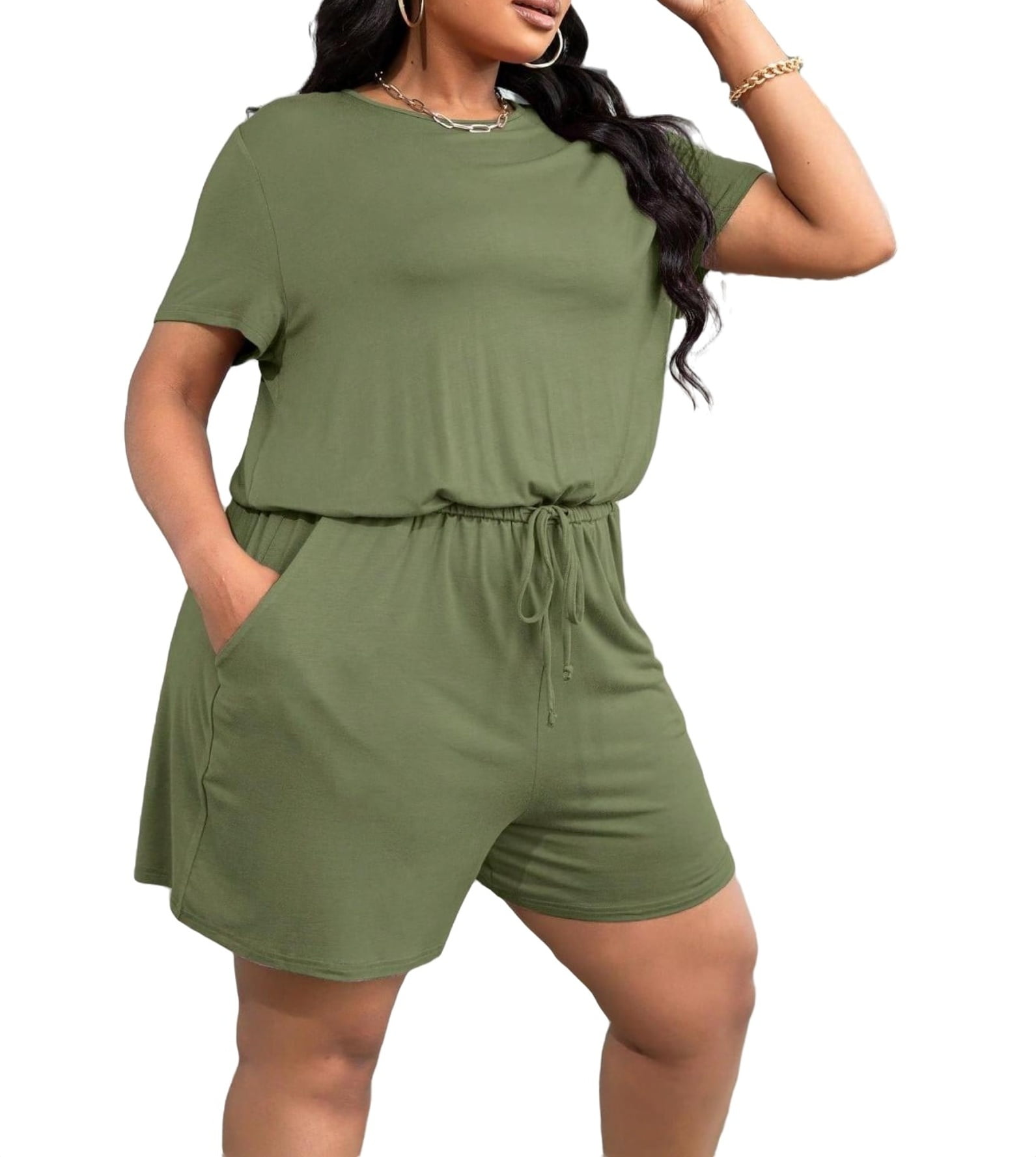 Casual Solid Round Neck Tee Short Sleeve Army Green Plus Size Jumpsuits (Women's Plus) - Walmart.com