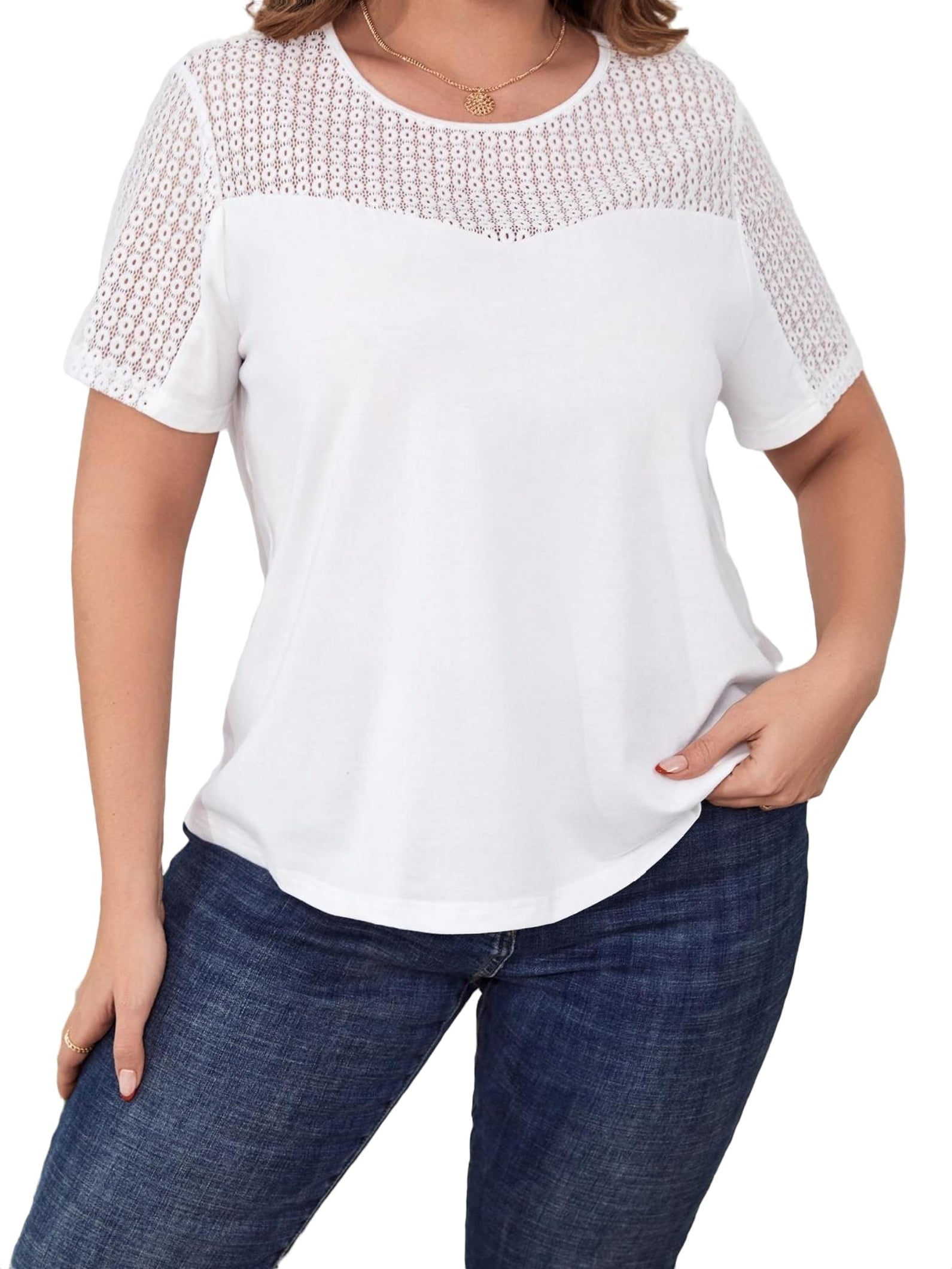 Casual Solid Round Neck Tee Short Sleeve White Plus Size T-shirts (Women's Plus) - Walmart.com