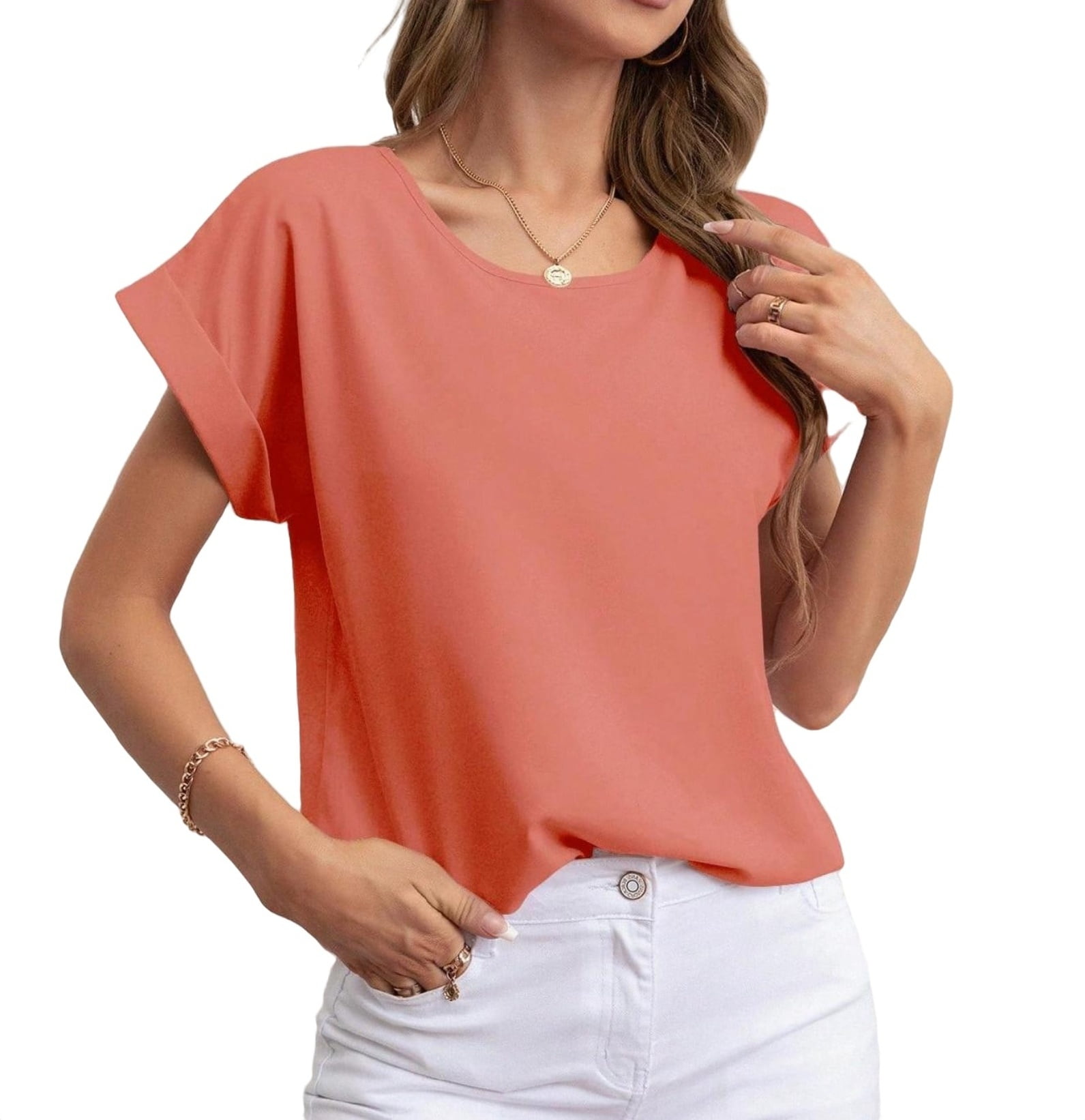 Casual Solid Round Neck Top Short Sleeve Coral Orange Women Blouses ...