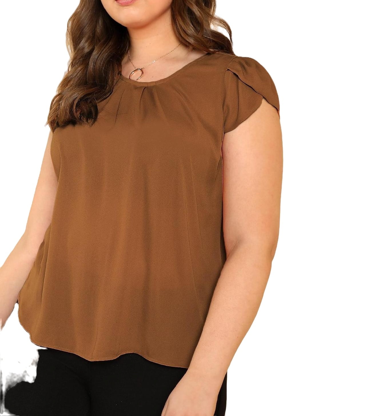 Casual Solid Round Neck Top Sleeveless Brown Plus Size Blouses (Women's ...
