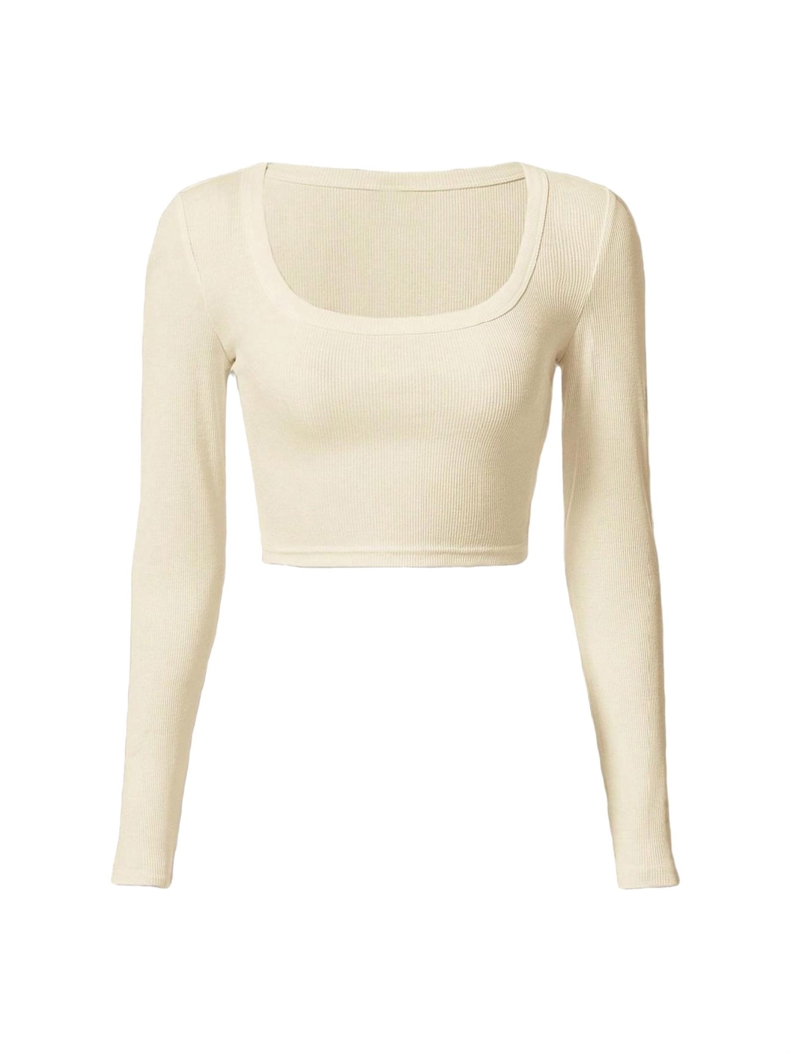 Casual Solid Scoop Neck Crop Tee Top Long Sleeve Beige Women T-Shirts ...