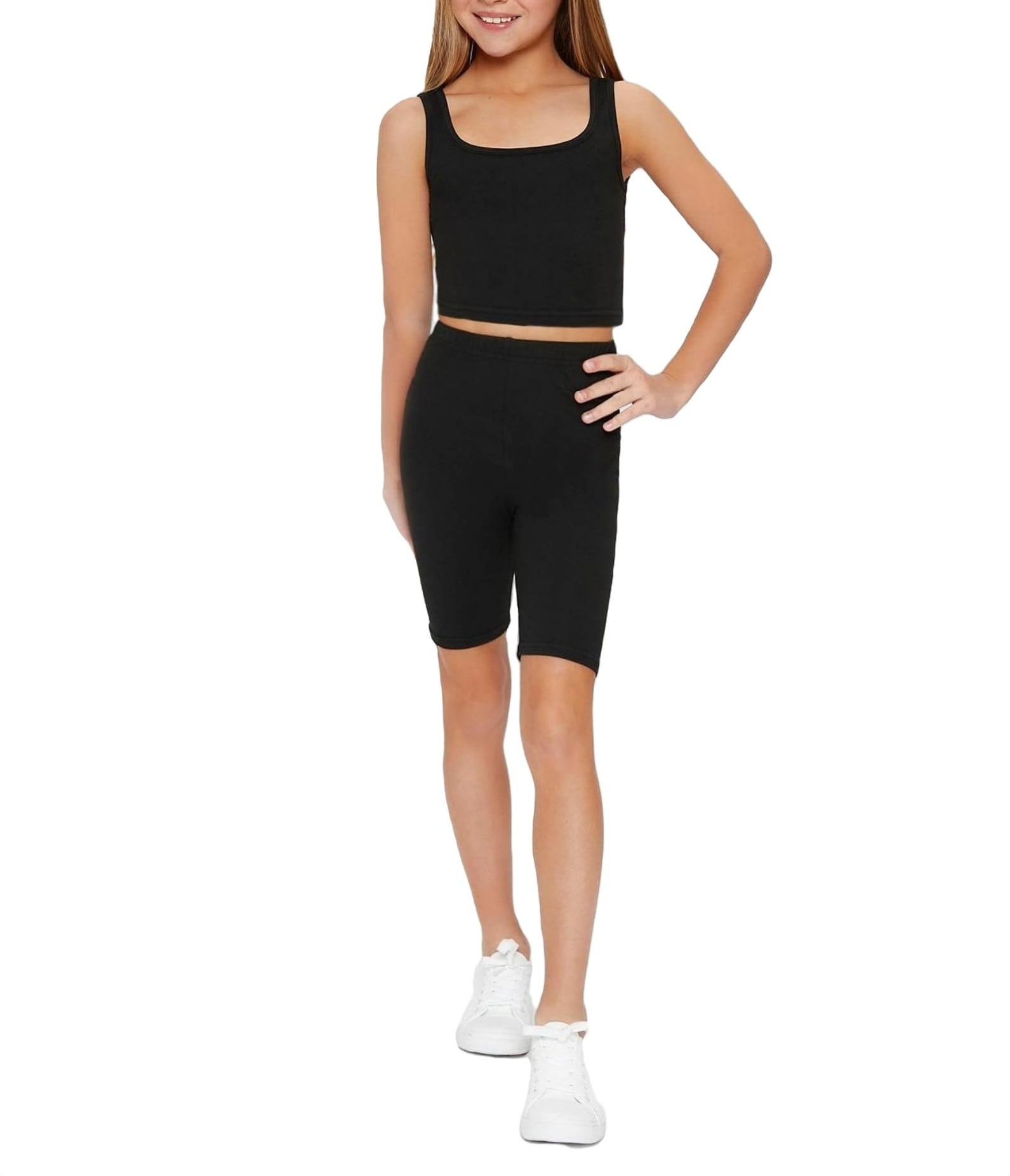 Casual Solid Scoop Neck Sleeveless Black Girls Two-piece Outfits (Girl ...