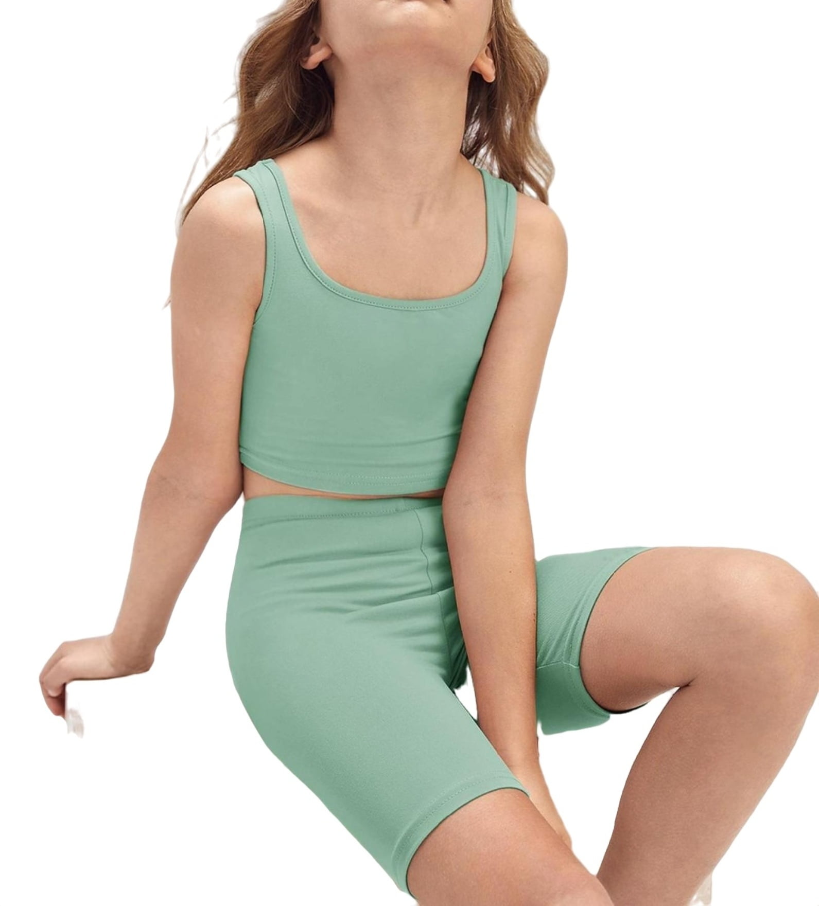 Casual Solid Scoop Neck Sleeveless Green Girls Two-piece Outfits (Girl ...