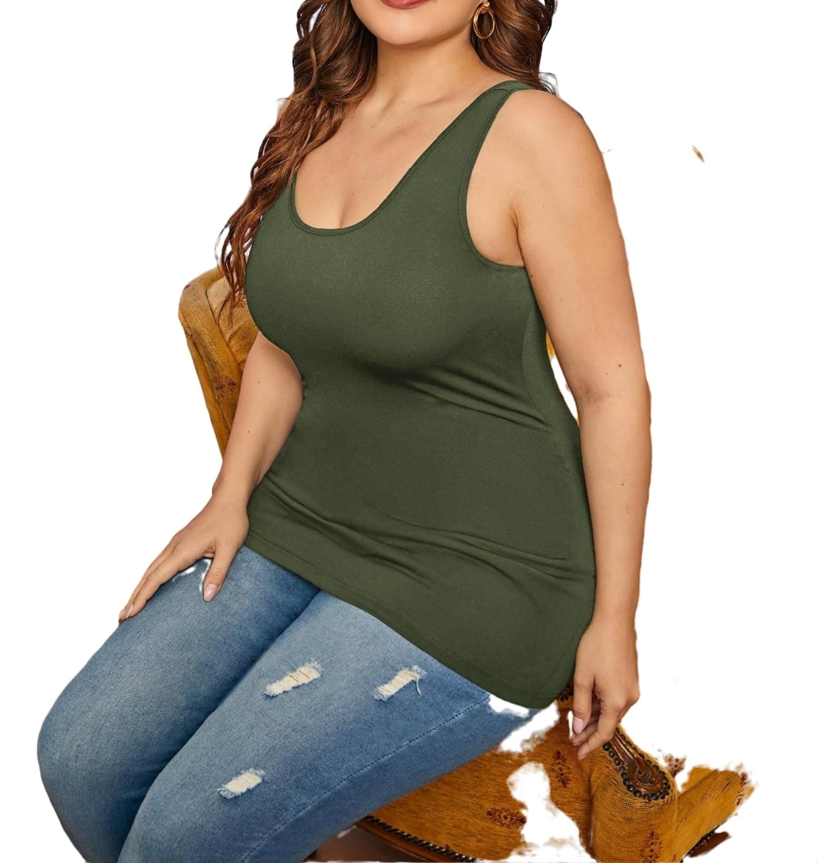 Casual Solid Scoop Neck Tank Army Green Plus Size Tank Tops & Camis ...