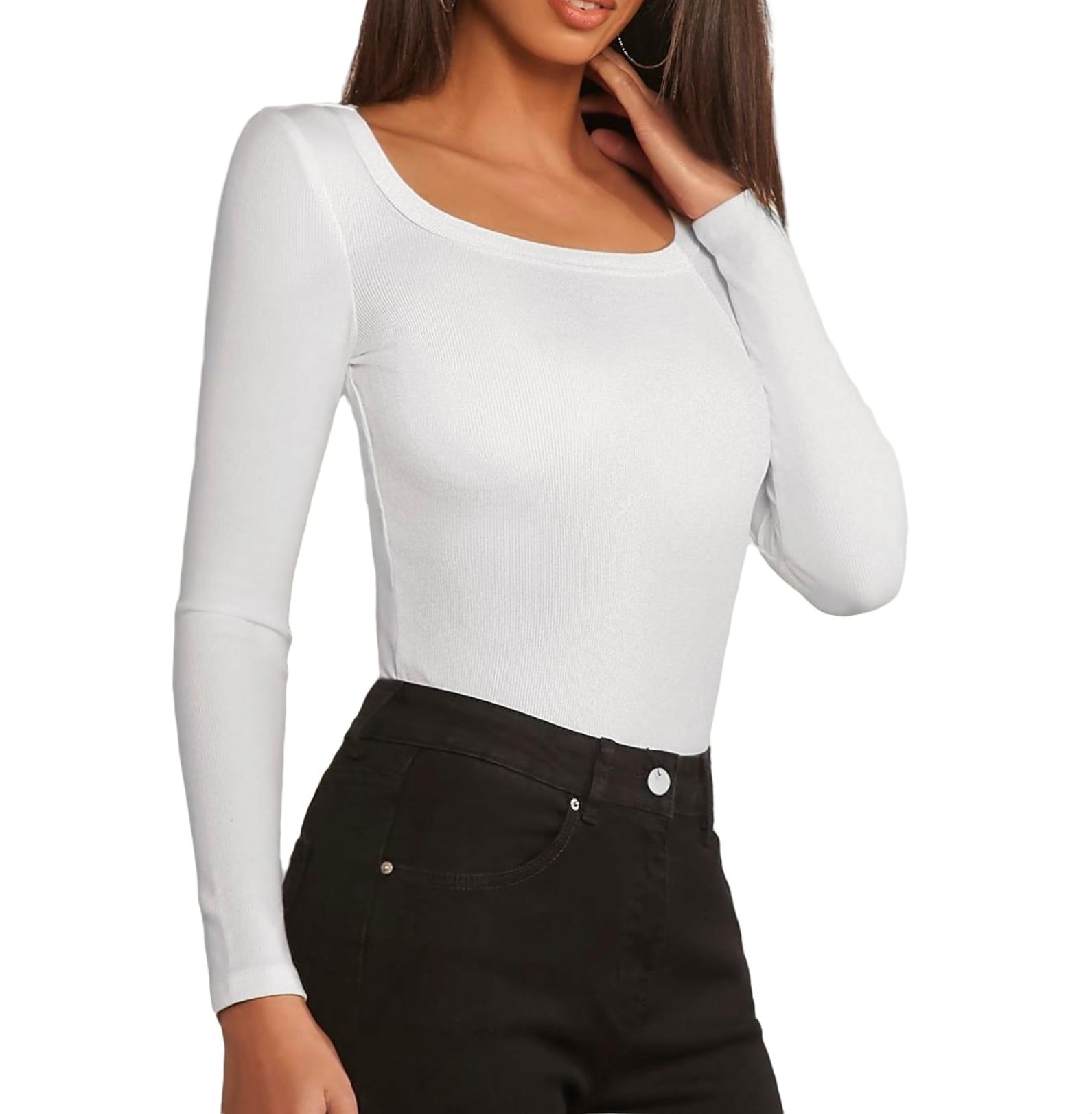 Casual Solid Scoop Neck Tee Long Sleeve White Women T-Shirts (Women's ...