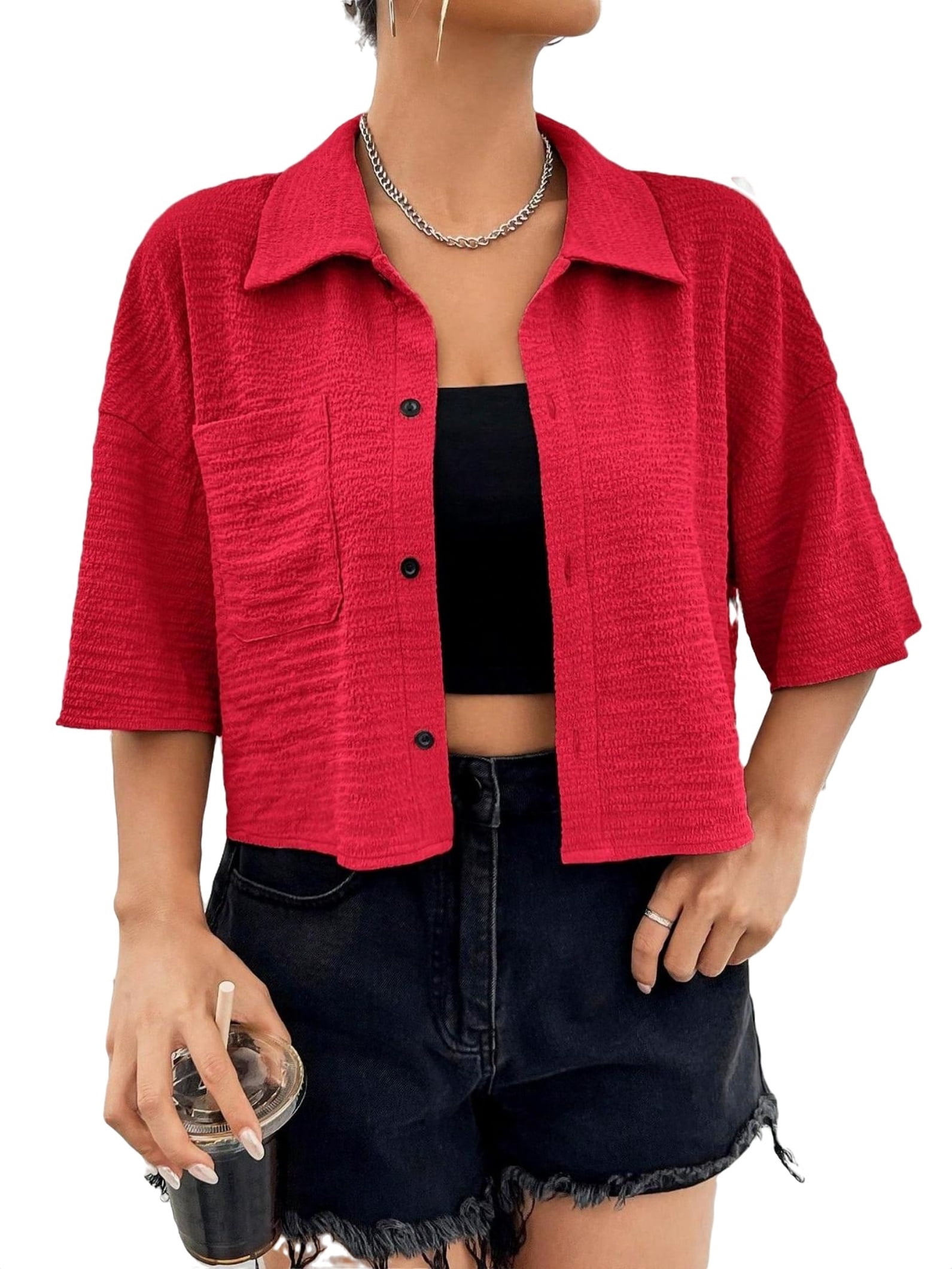 Casual Solid Shirt Collar Shirt Elbow-Length Red Women Blouses (Women's ...