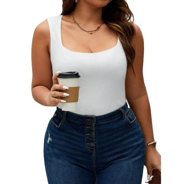 Casual Solid Tank Scoop Neck White Plus Size Tank Tops And Camis