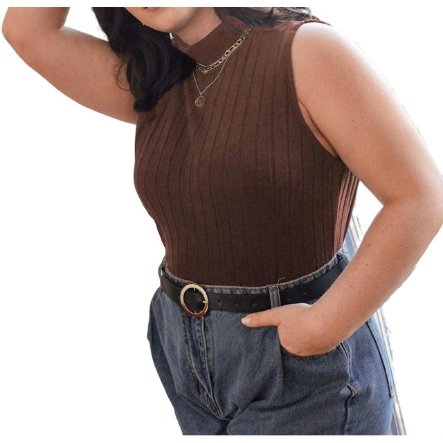 Casual Solid Tank Stand Collar Coffee Brown Plus Size Tank Tops And Camis