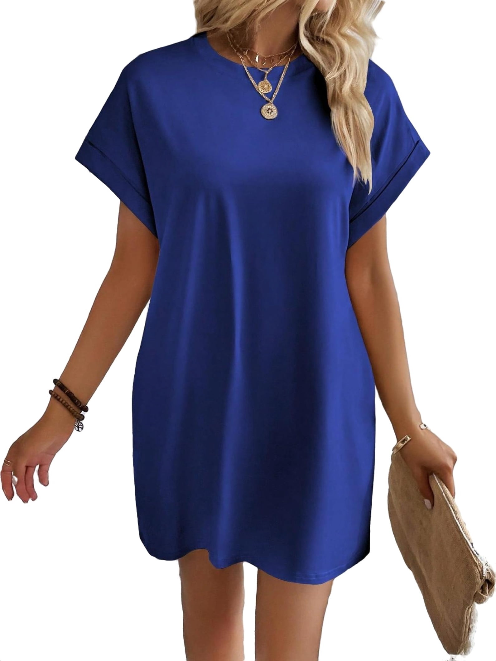 Casual Solid Tee Dress Round Neck Royal Blue Women Dresses - Walmart.com