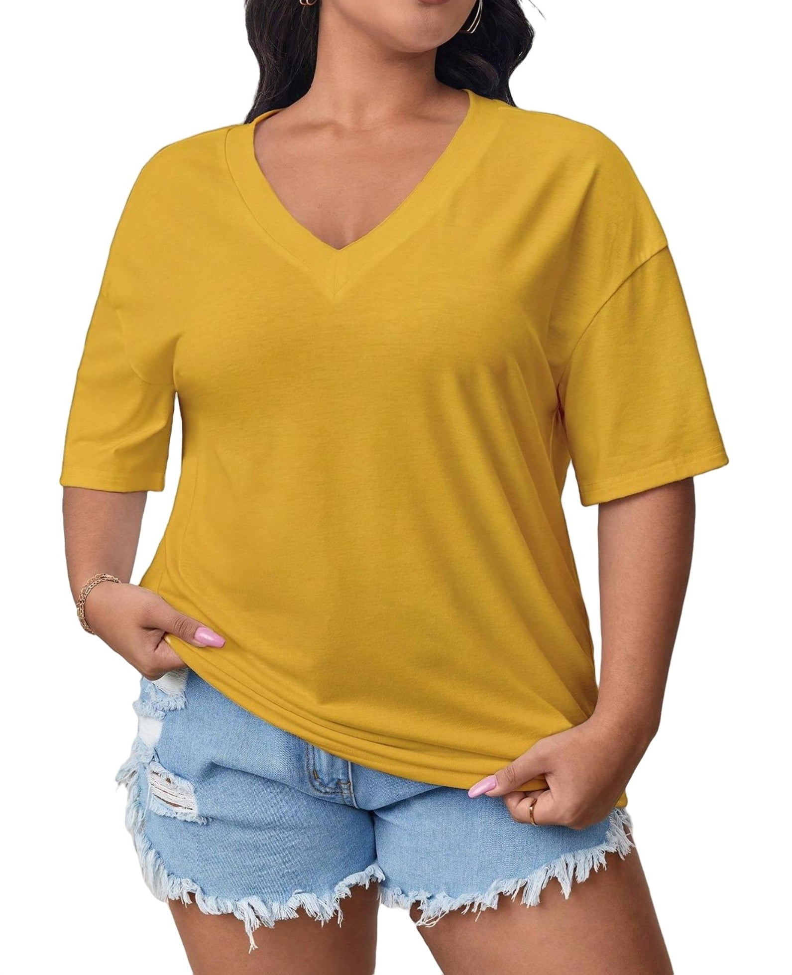 Casual Solid V Neck Tee Elbow Length Yellow Plus Size T Shirts Womens