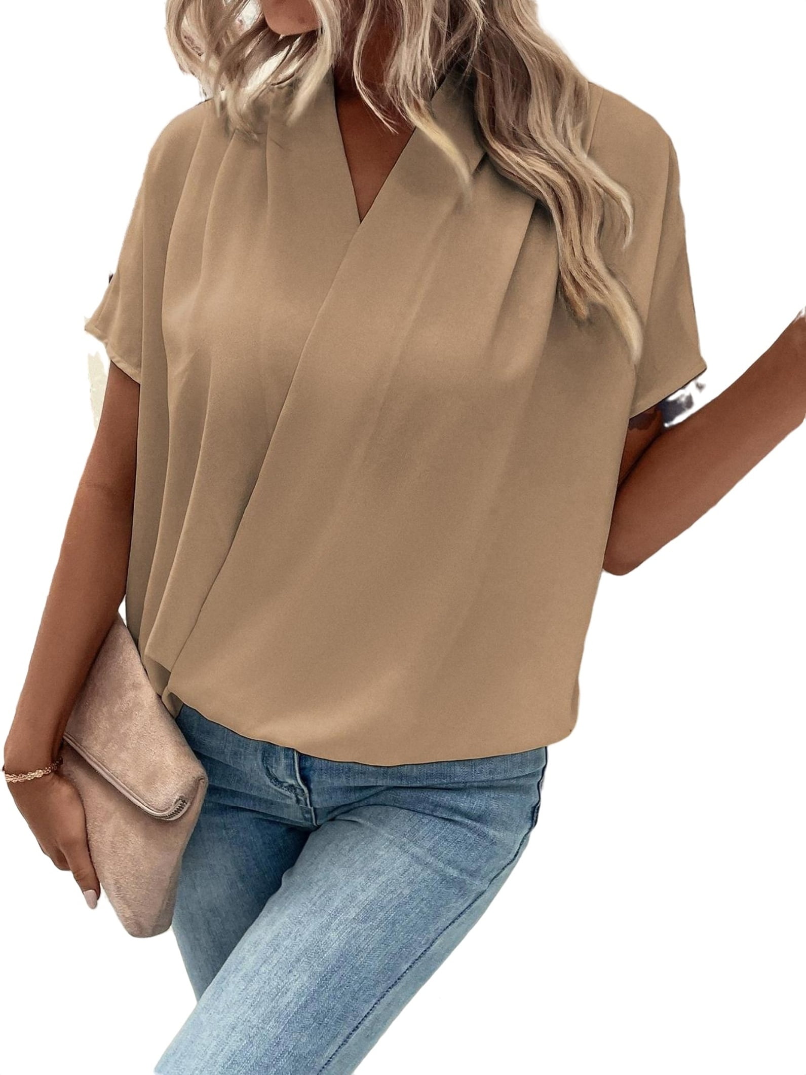 Casual Solid V neck Top Short Sleeve Camel Women Blouses (Women's) - Walmart.com