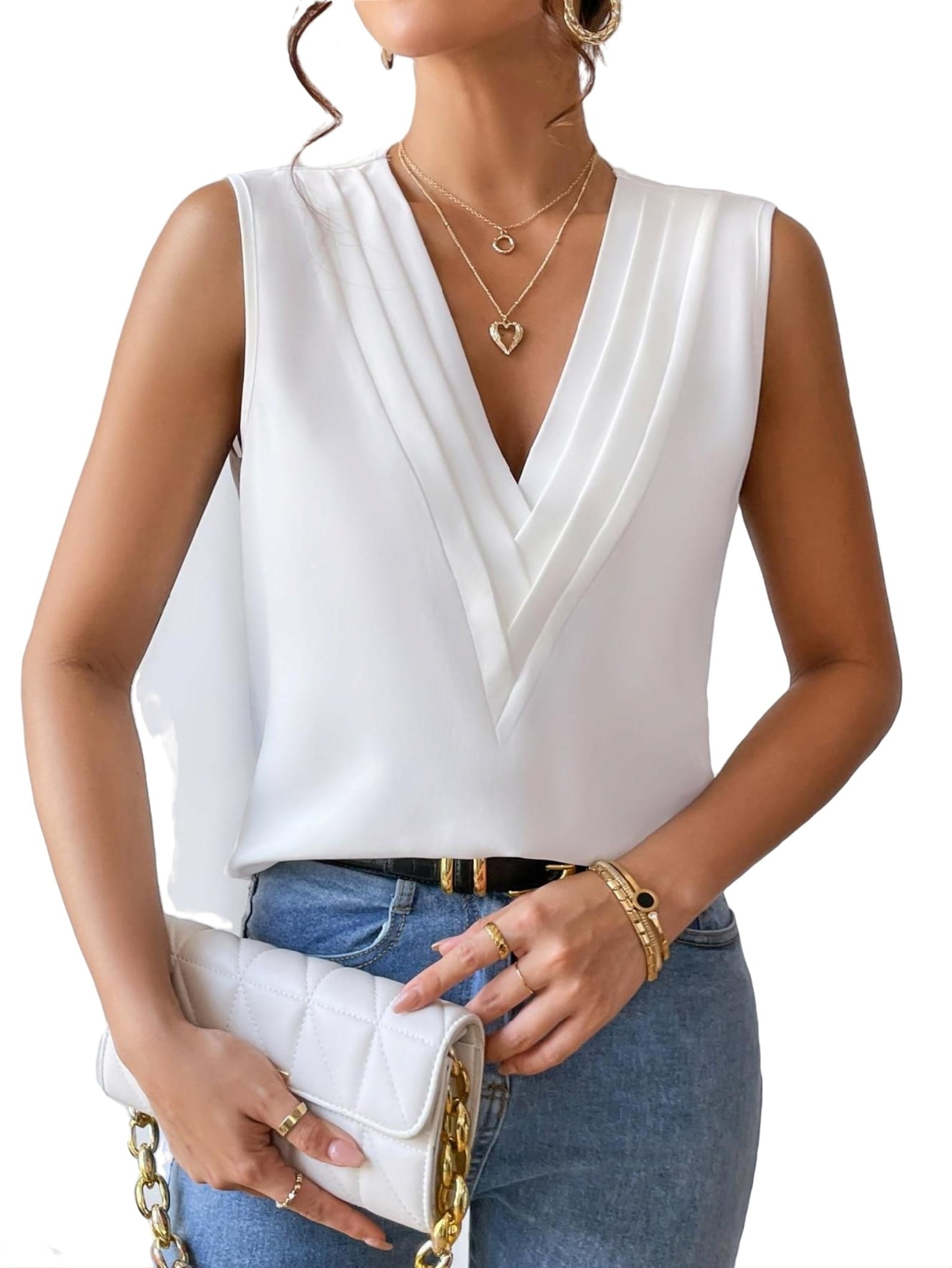 Casual Solid V neck Top Sleeveless White Women Blouses (Women's) - Walmart.com