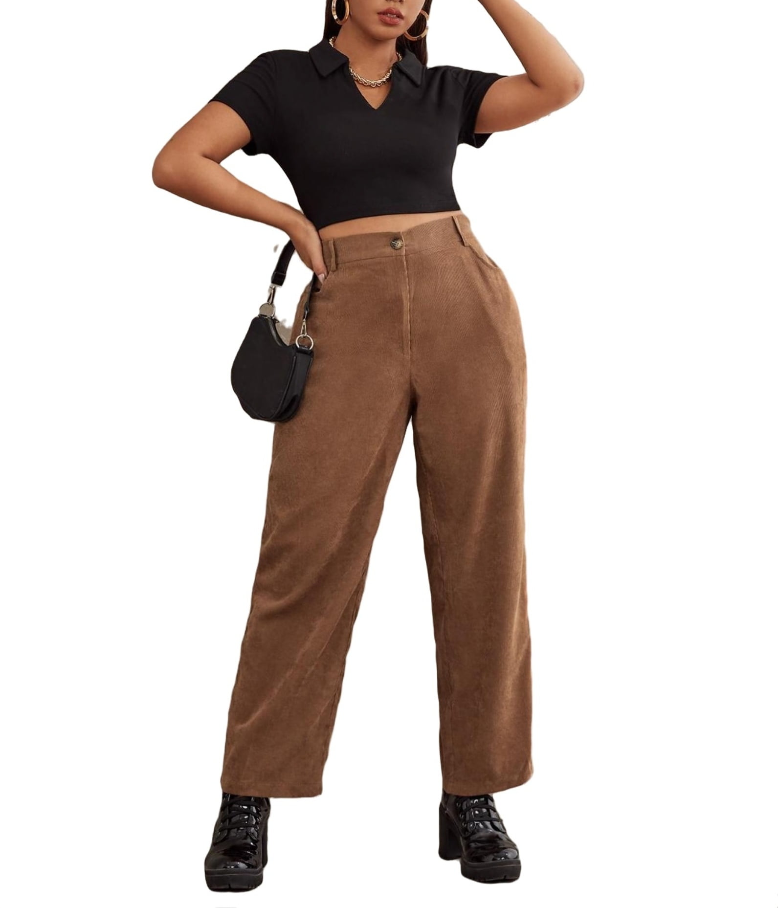 Casual Solid Wide Leg Brown Plus Size Pants - Walmart.com