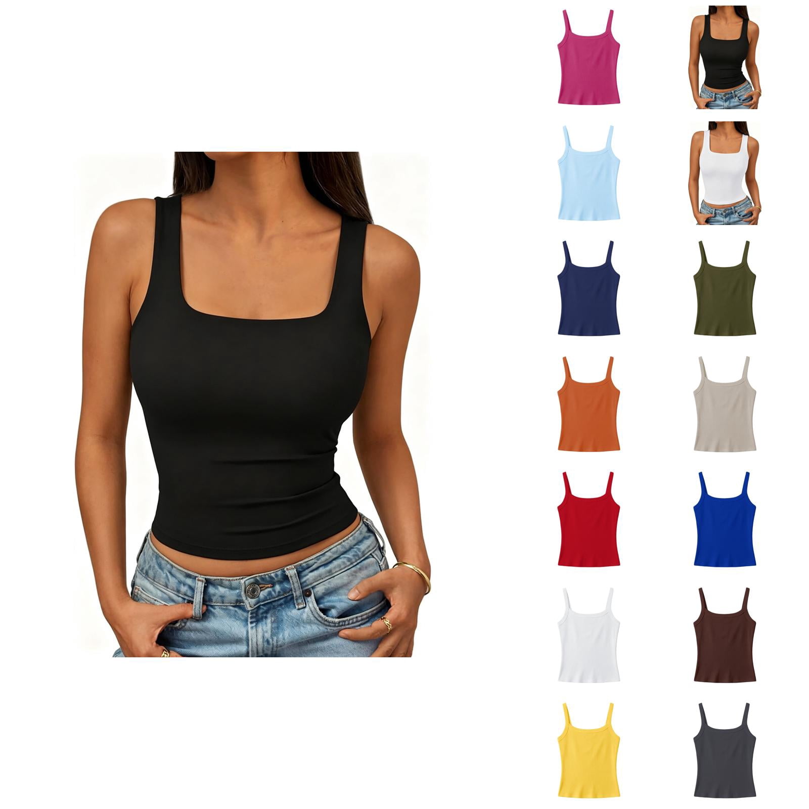 Casual Square Neck Slim Fit Cropped Tank Top Pure Color Basic Top For ...