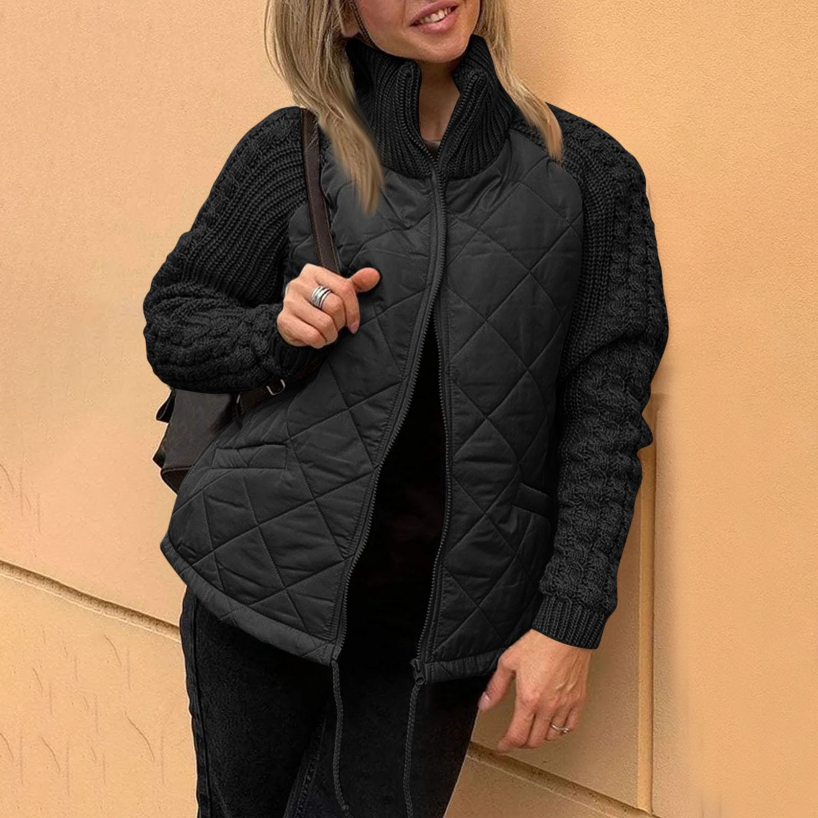 Casual Stand Neck Zip Up Patchwork Jacket for Women Comfortable Loose ...
