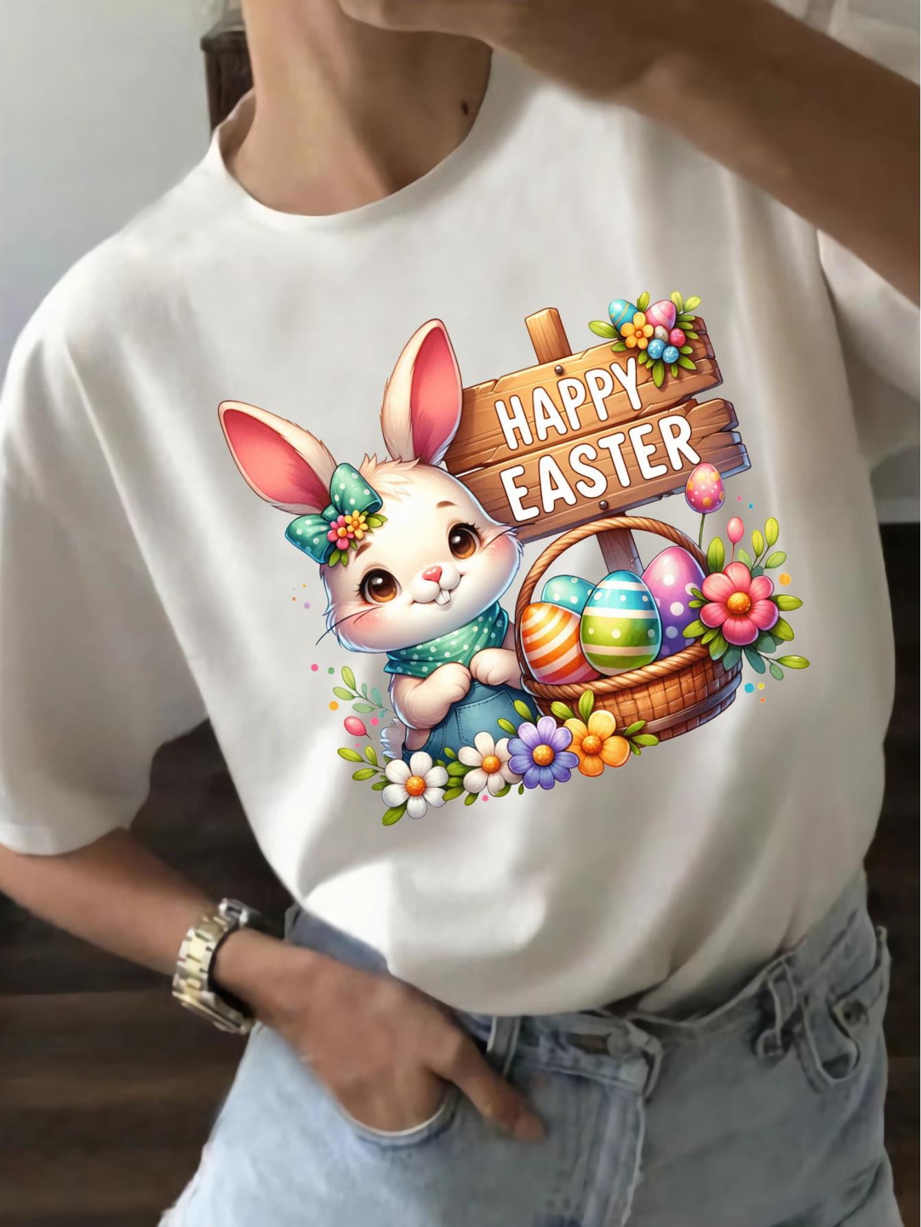 Casual Stretchy Floral Print Short-Sleeve T-Shirt - Easter Bunny And ...