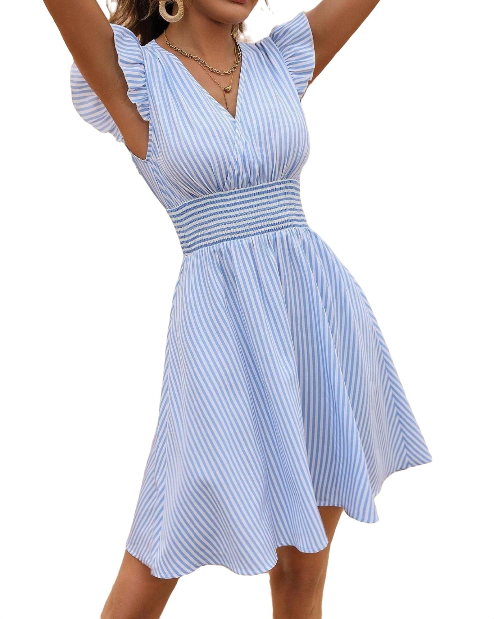 Casual Striped A Line Dress V neck Baby Blue Women Dresses - Walmart.com