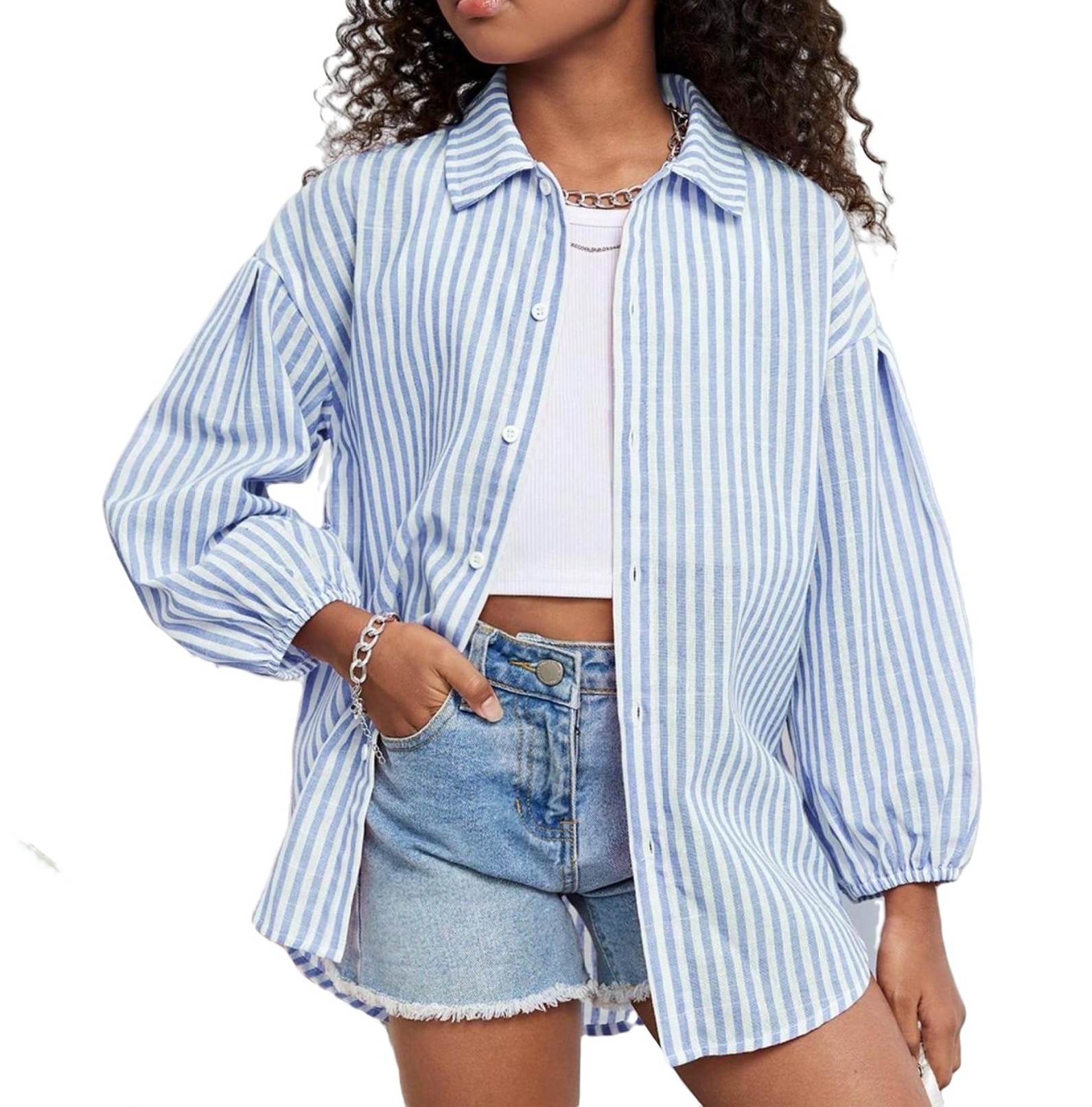 Casual Striped Collar Shirt Long Sleeve Baby Blue Tween Girls Blouses ...