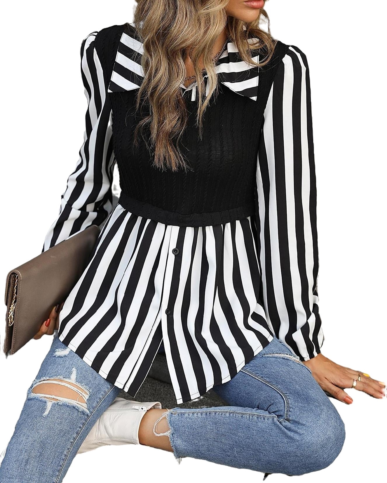 Casual Striped Collar Top Long Sleeve Black and White Women's Tops ...