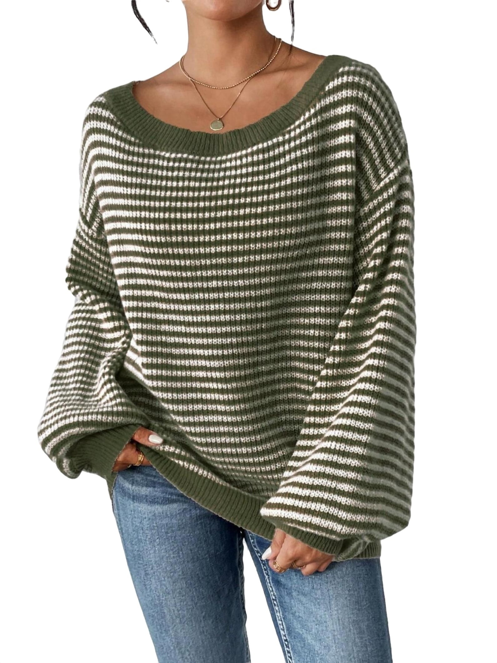 Casual Striped Off the Shoulder Pullovers Long Sleeve Green Women ...