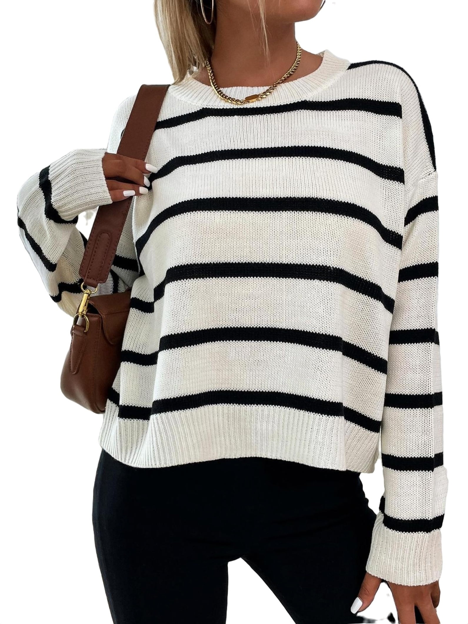 Casual Striped Pattern Round Neck Pullovers Long Sleeve Black and White ...