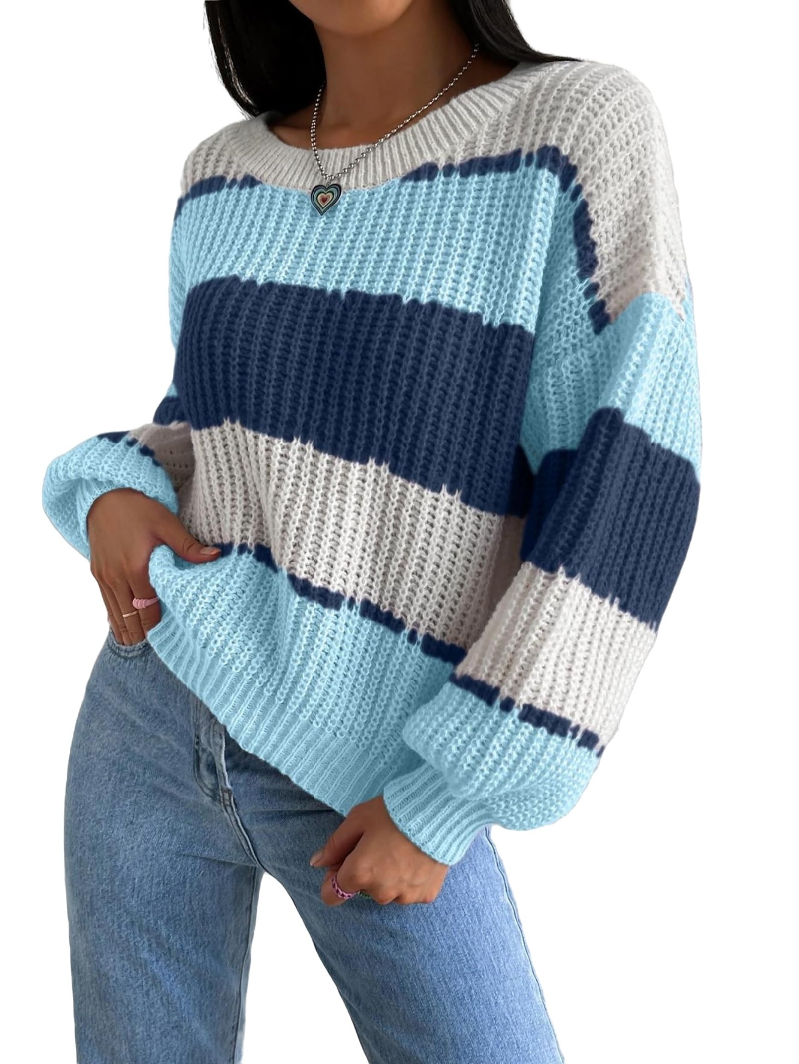 Casual Striped Pattern Round Neck Pullovers Long Sleeve Blue and White ...