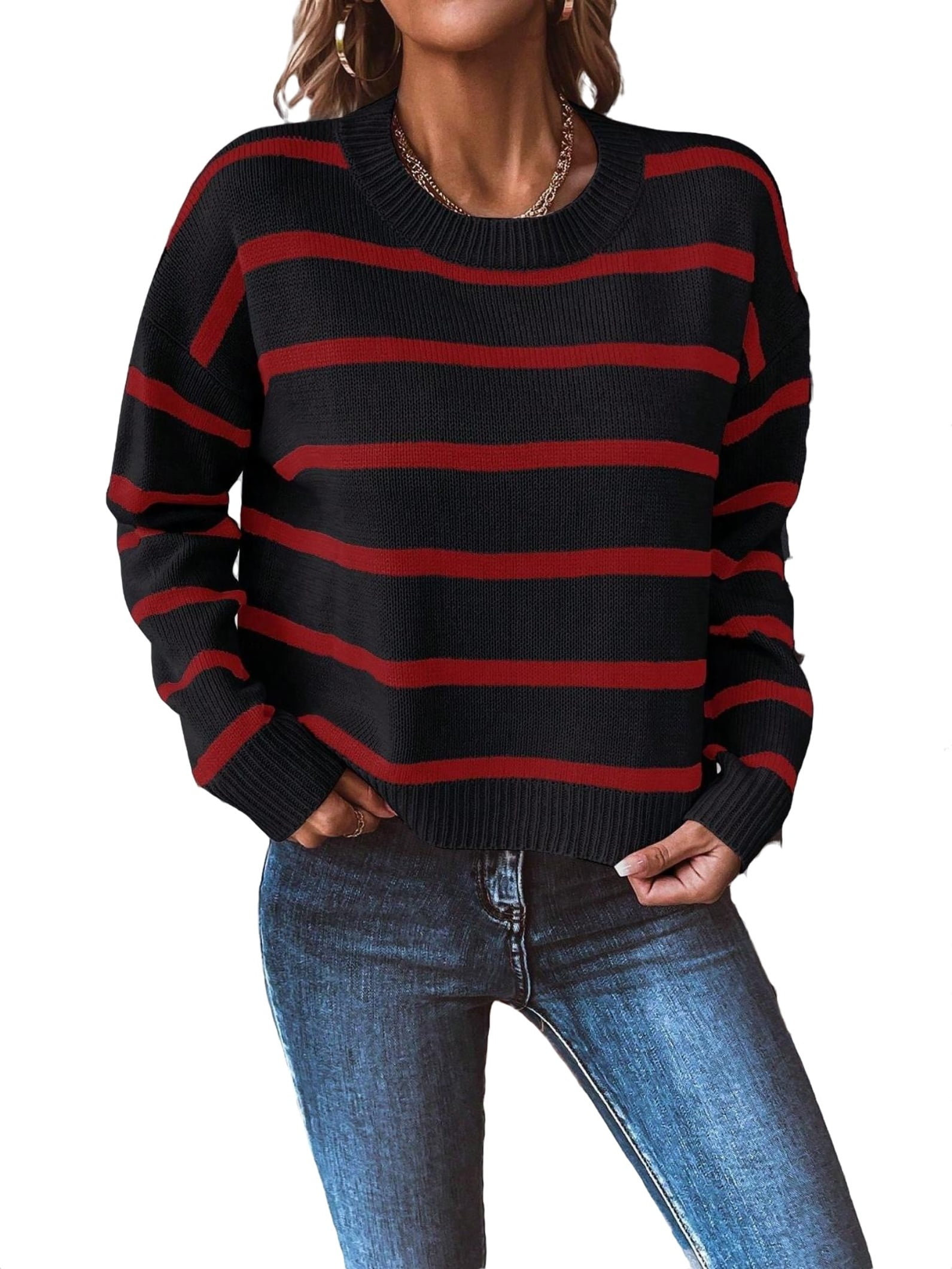 Casual Striped Pattern Round Neck Pullovers Long Sleeve Multicolor ...