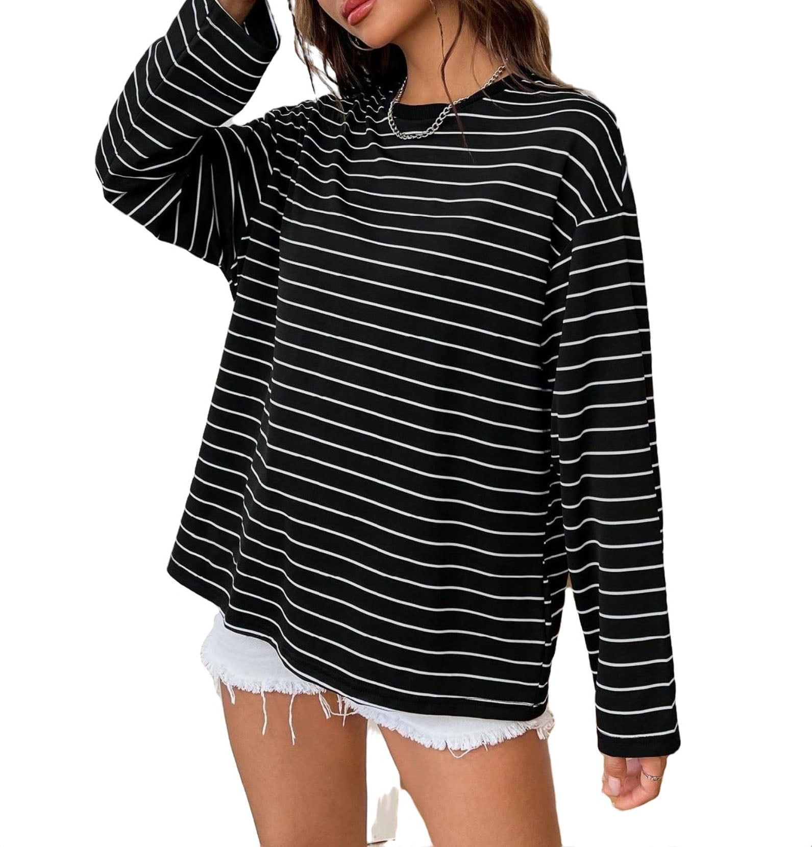 Casual Striped Round Neck Extra-Long Sleeve Black Women T-Shirts (Women ...